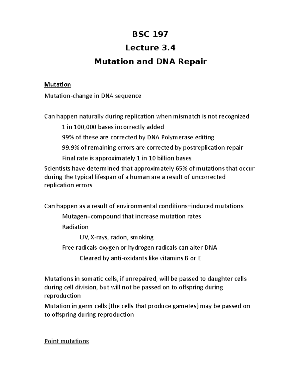 3.4 Mutation and DNA Repair - BSC 197 Lecture 3. Mutation and DNA ...