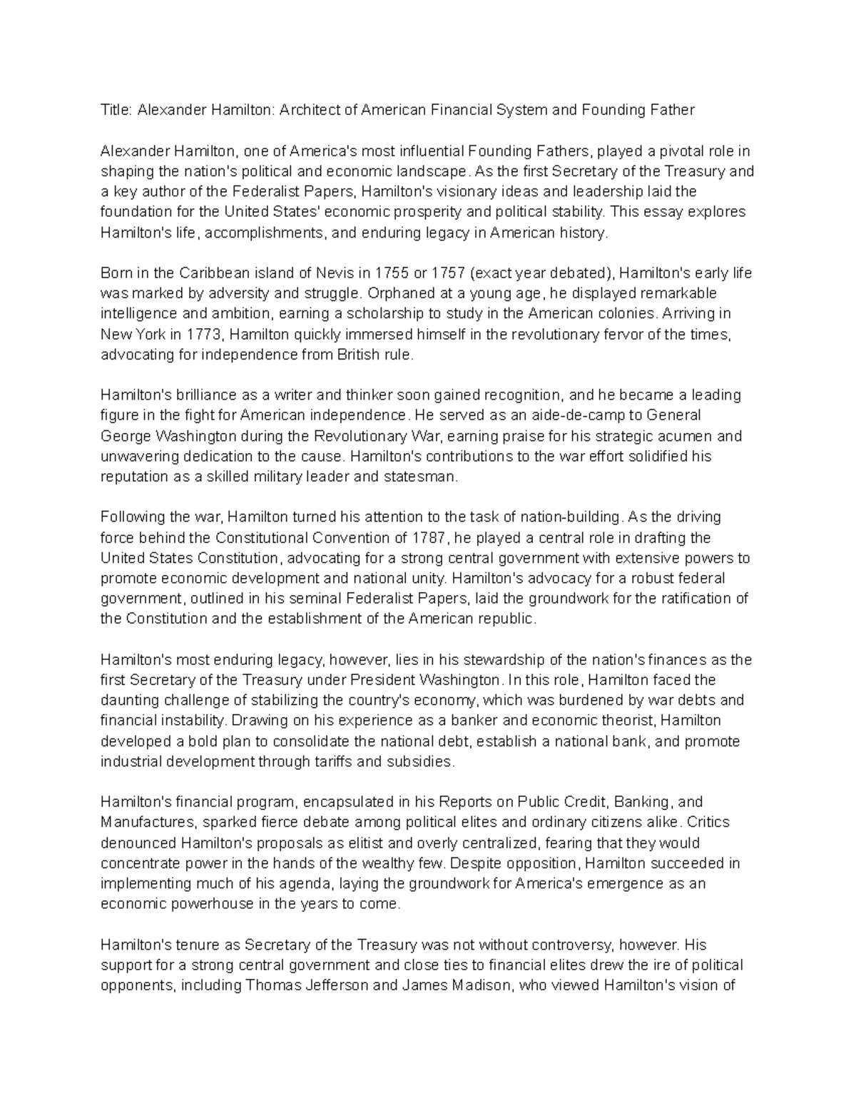 Alexander Hamiltion the essay - Title: Alexander Hamilton: Architect of ...