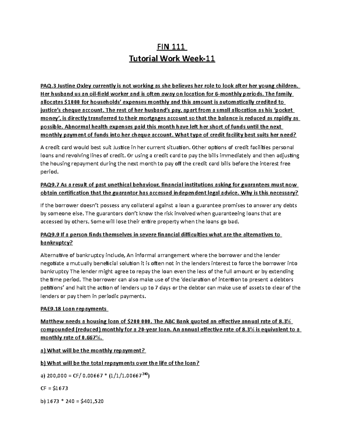 Tutorial Work Week 11 - FIN 111 Tutorial Work Week- PAQ Justine Oxley ...