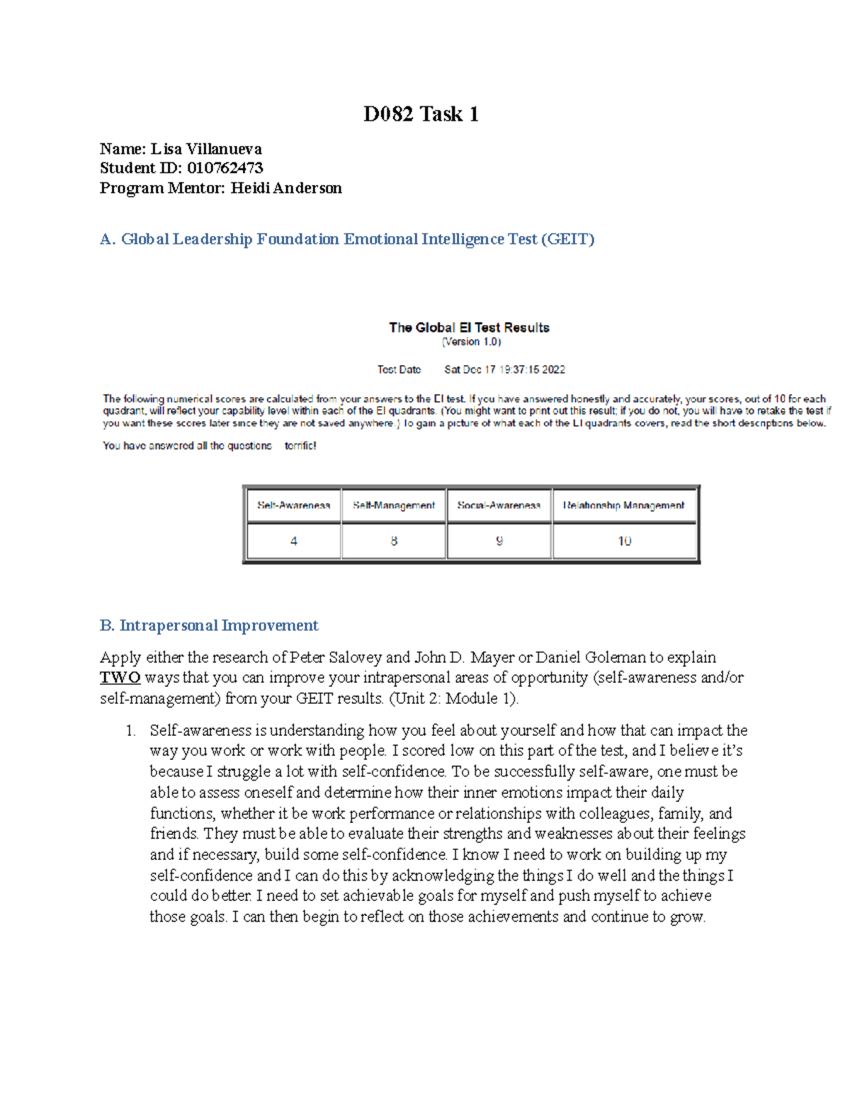 Task 1 - Emotional Intelligence - D082 Task 1 Name: Lisa Villanueva Student ID: 010762473 ...