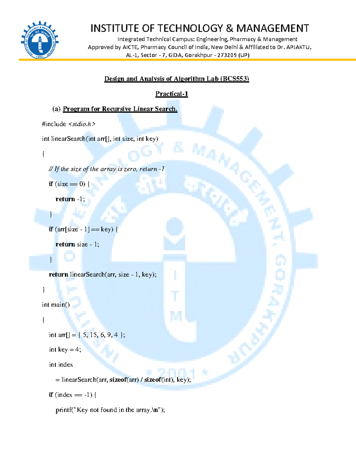 DAA Lab (1 to 5) - Practicals of daa - Integrated Technical Campus: Engineering, Pharmacy ...