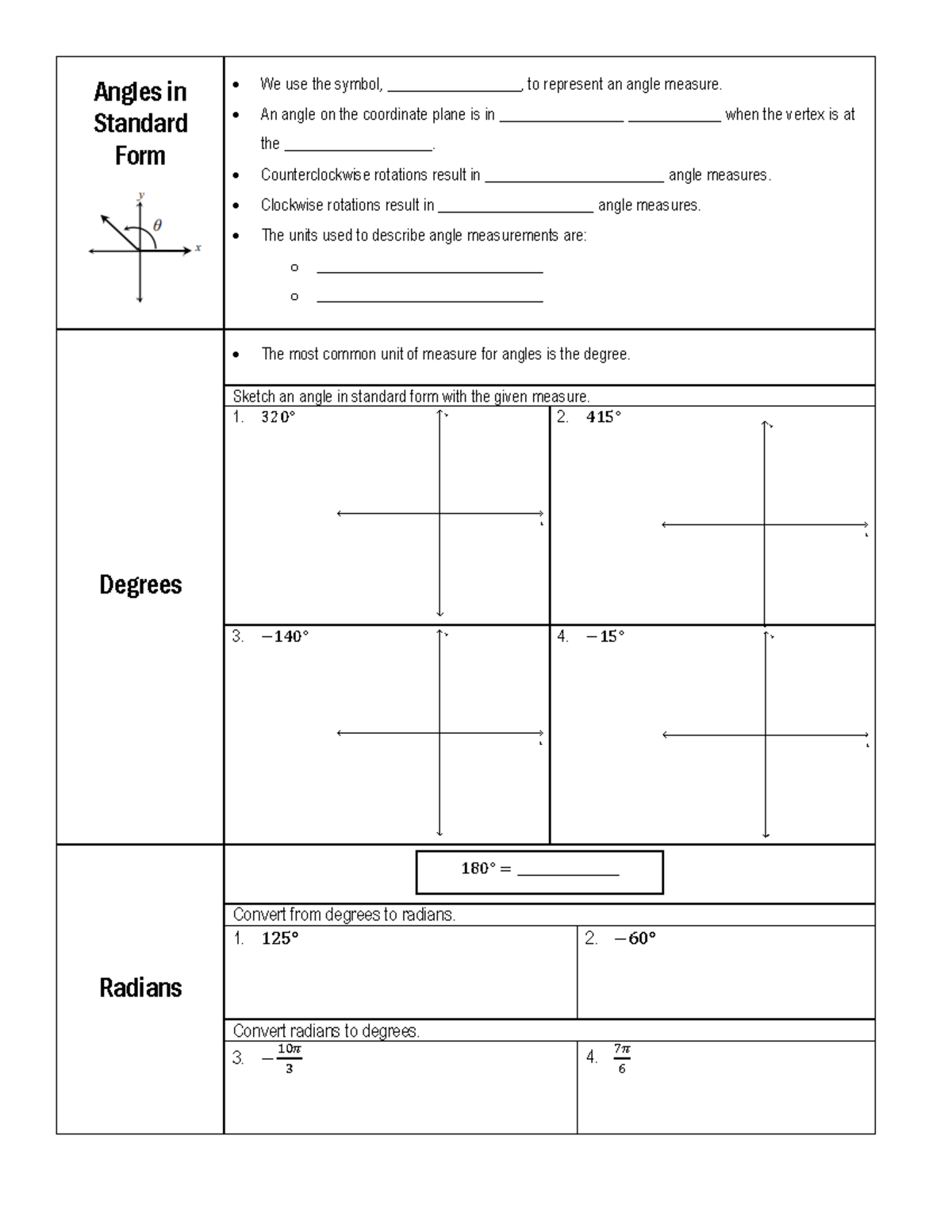 4.1 Radian and Degree Measure Notes - Angles in Standard Form We use ...