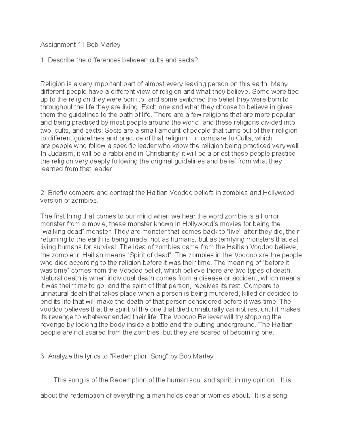 Assignment 11 Bob Marley - Assignment 11 Bob Marley Describe the ...