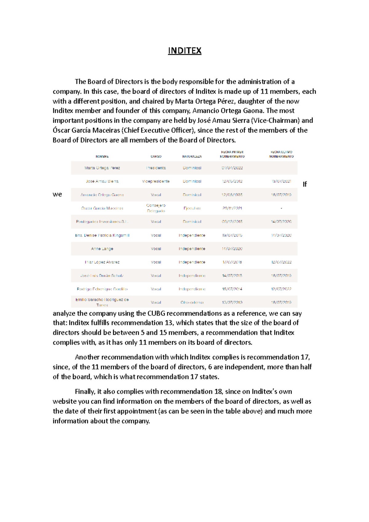 Practice 2 - INDITEX The Board of Directors is the body responsible for ...