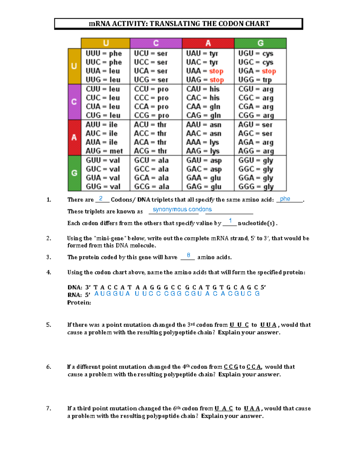 Ch17Codon Chart Activity&KEY - mRNA ACTIVITY: TRANSLATING THE CODON ...