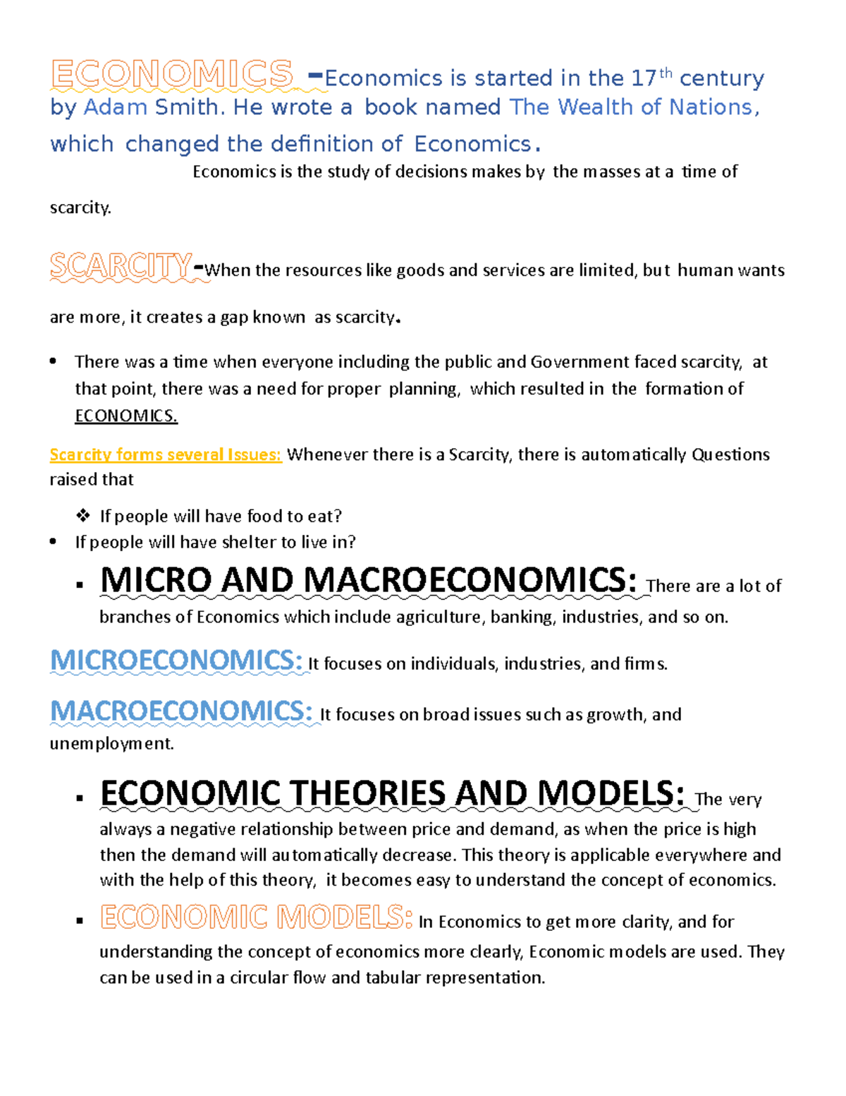 Economics - Copy - Chapter summary - ECONOMICS – Economics is started ...