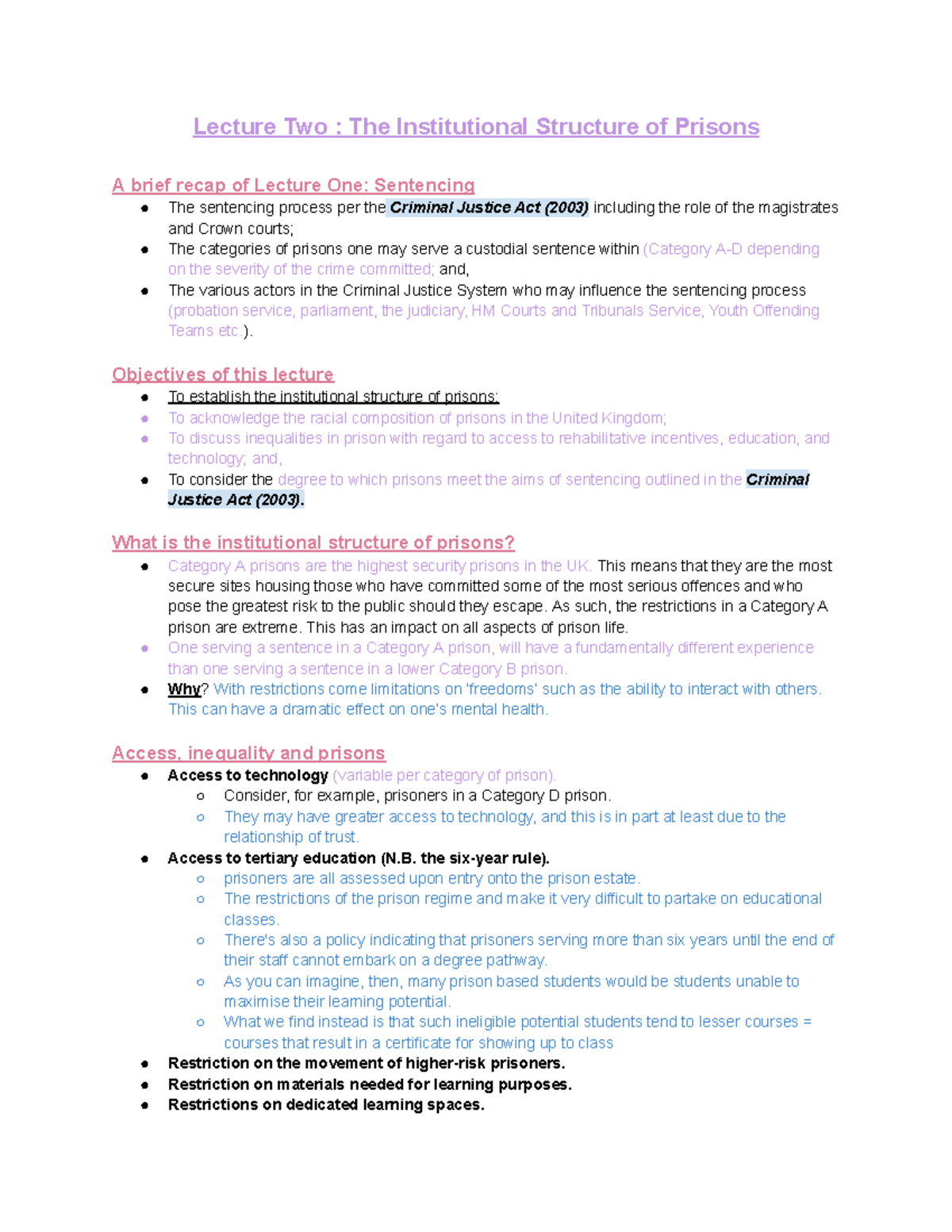 Lecture 2 The Institutional Structure of Prisons - Lecture Two : The ...