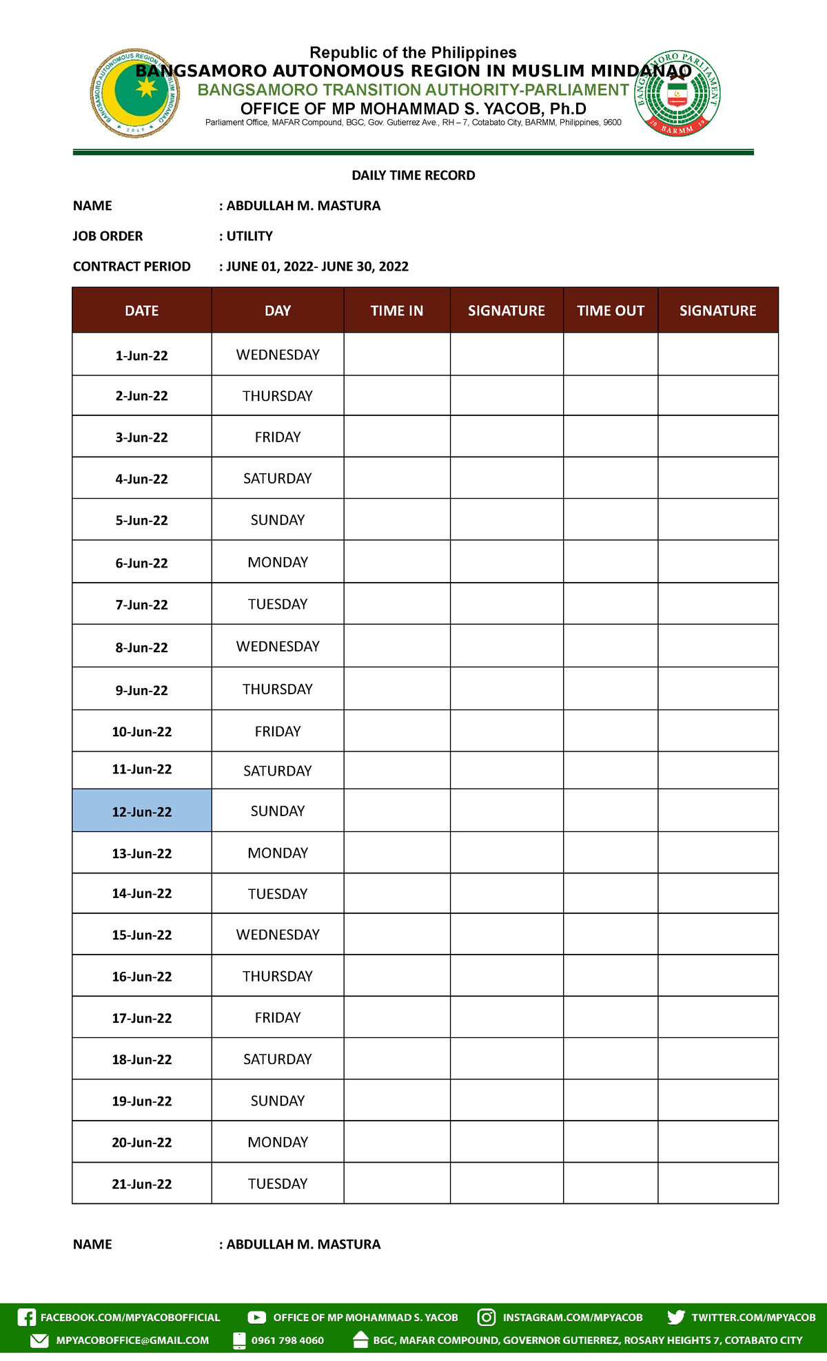 Utility DTR - N/A - Republic of the Philippines BANGSAMORO AUTONOMOUS ...