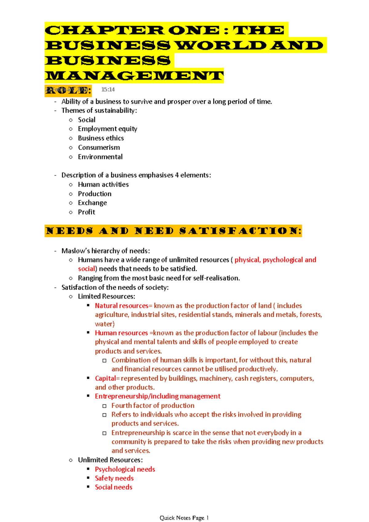 Chapter ONE THE Business World AND Business Management - ROLE: Ability ...