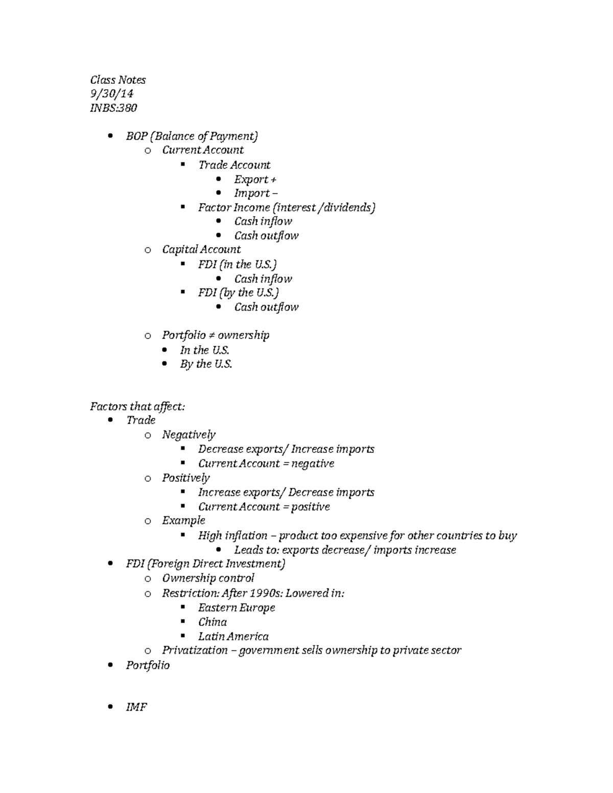 Chapter 1-2 Lecture Notes - Class Notes 9/30/ INBS: BOP (Balance of ...