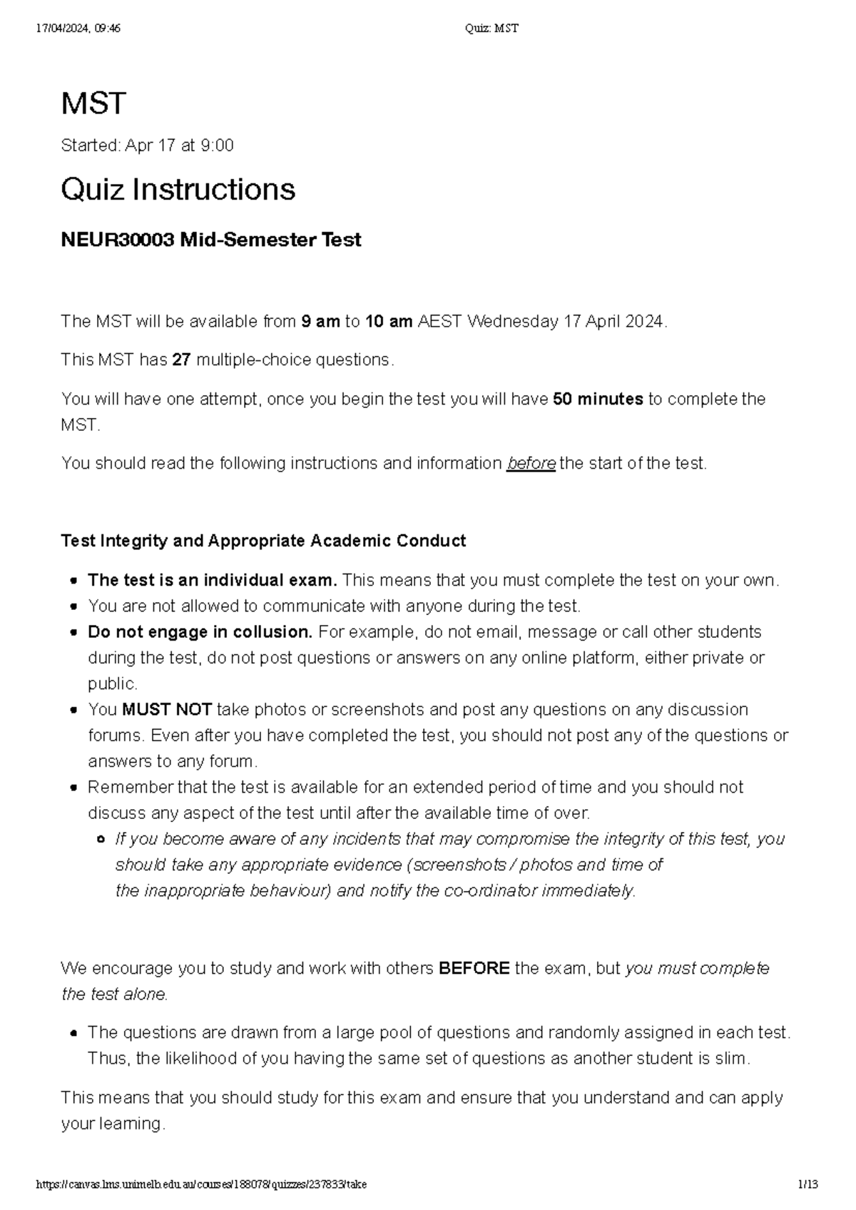 2024 Neuro 30003 MST - answers of 2024 MST, not all are correct - 09:46 Quiz: MST MST Started ...
