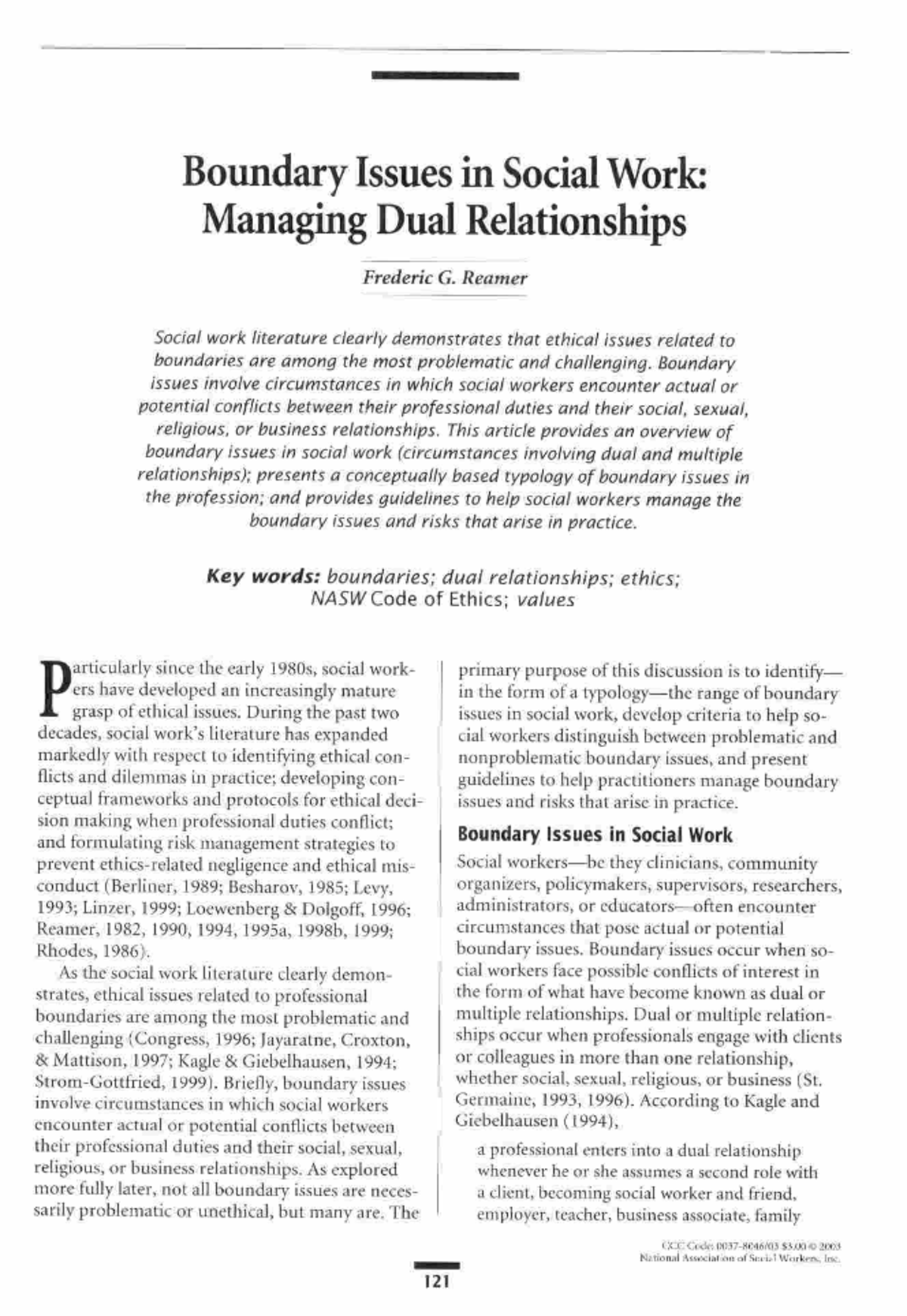 Reamer-F - Mod 5 - Boundary Issues in Social Work: Managing Dual ...