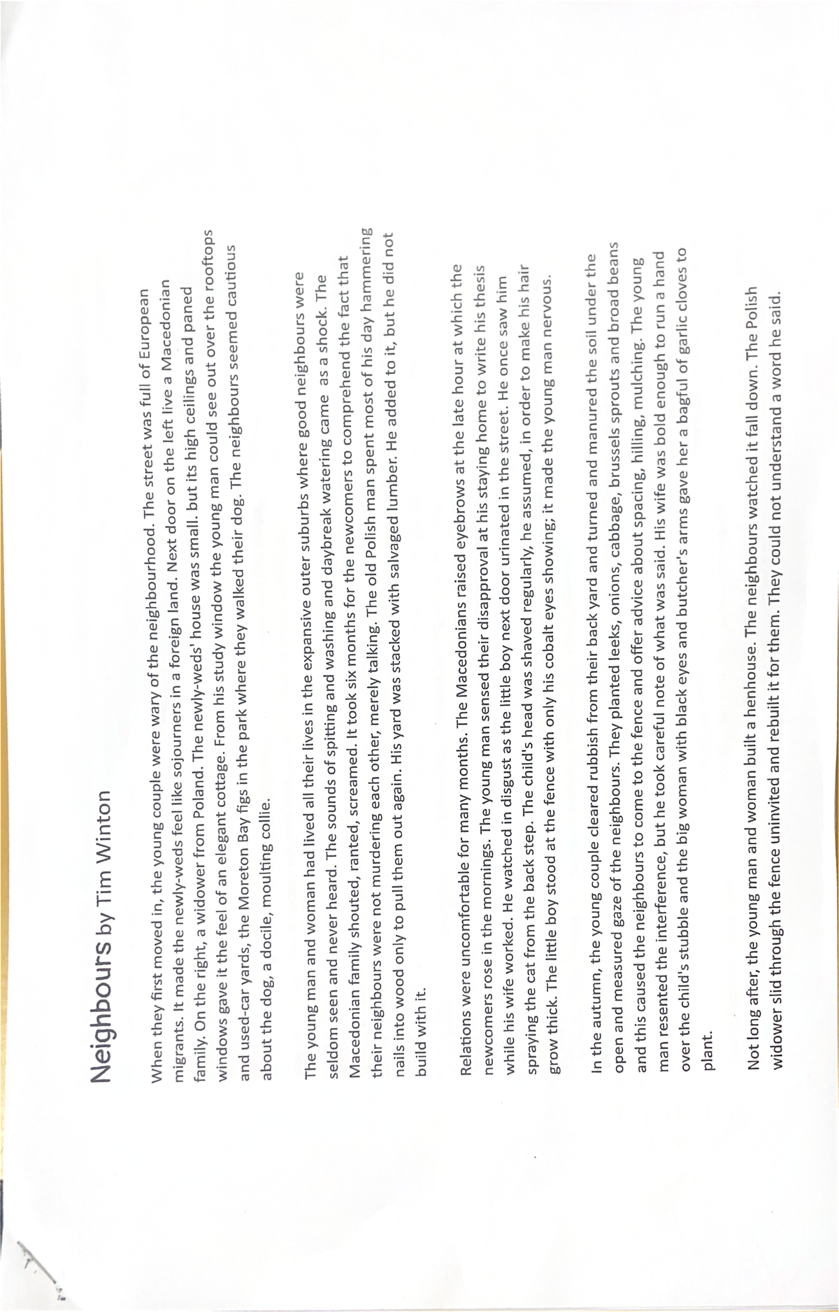 Neighbours by Tim Winton - The street was full of European migrants. It ...