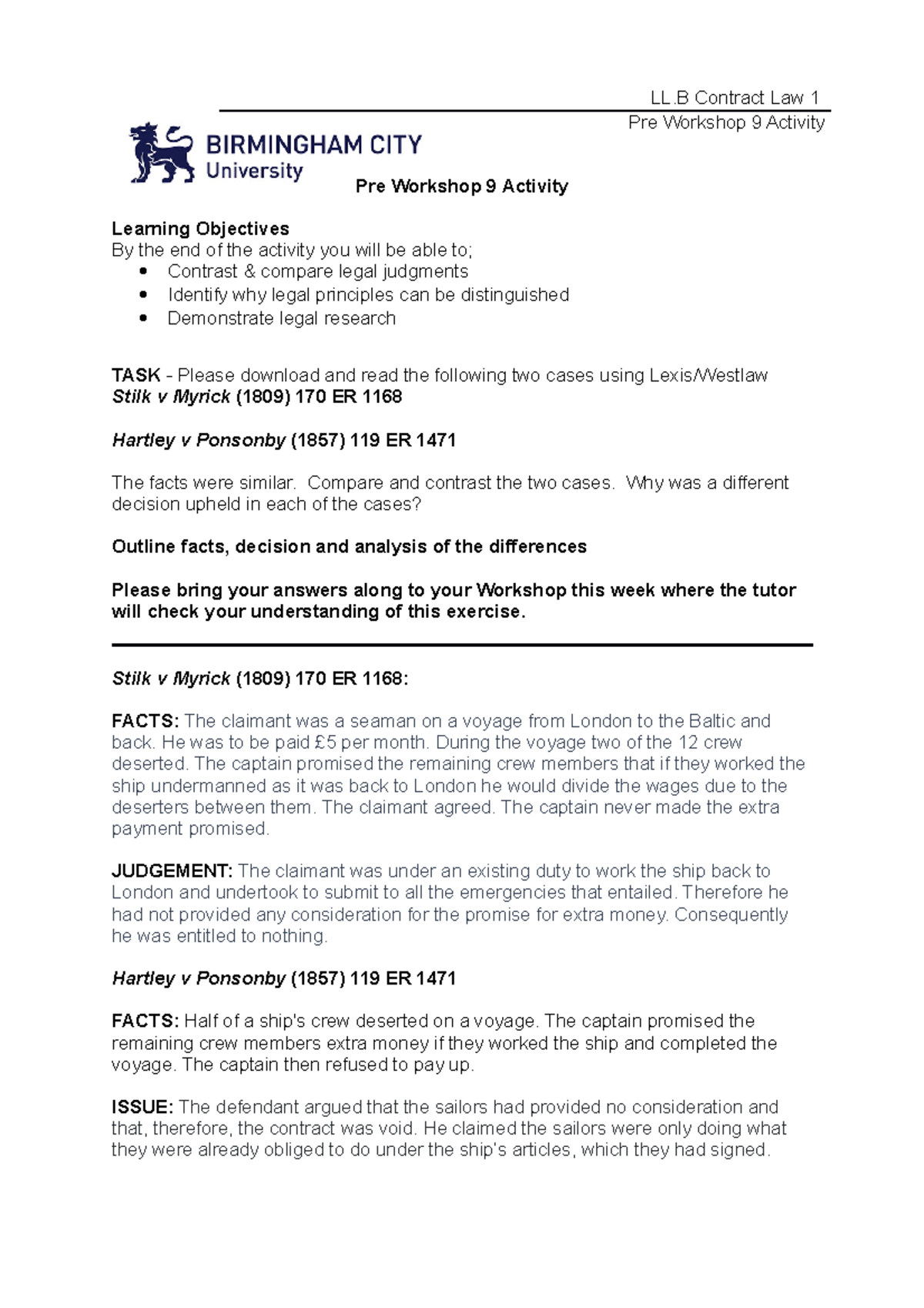 Pre Workshop 9 Activity - LL Contract Law 1 Pre Workshop 9 Activity Pre ...
