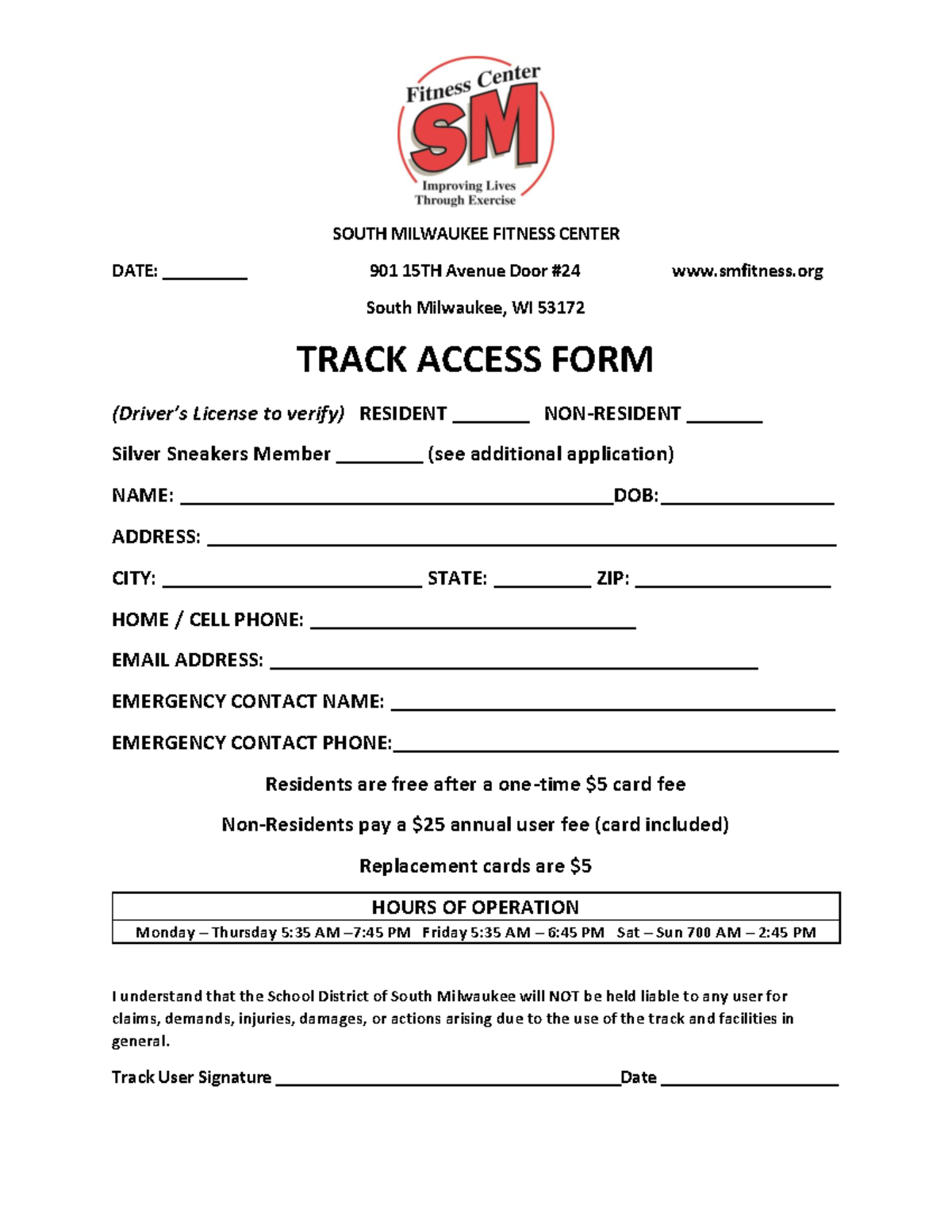 Track Access Form - Ihb - SOUTH MILWAUKEE FITNESS CENTER DATE ...