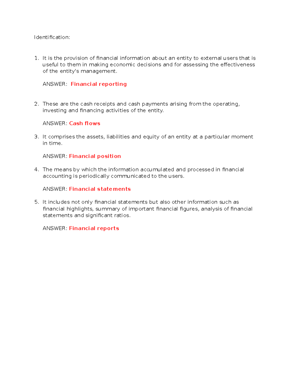 10 ITEMS Financial Statements WITH ANSWER - Identification: It is the ...