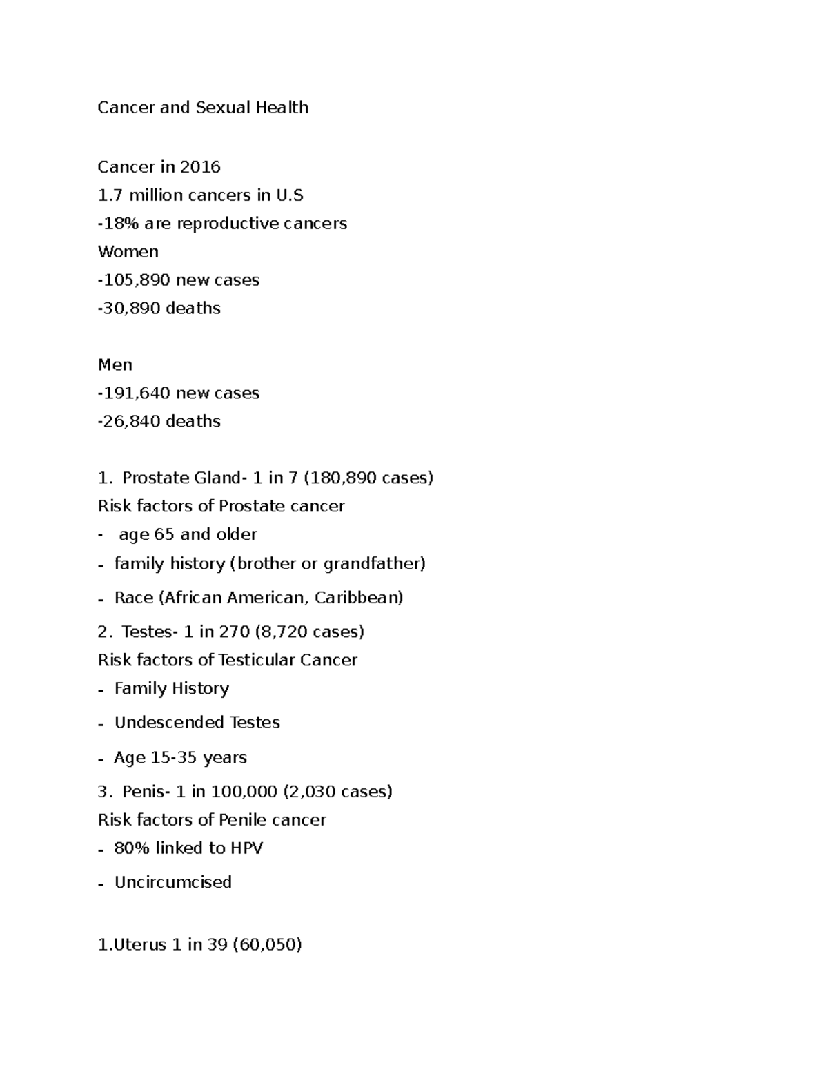 Human Sexuality Final CS - Cancer and Sexual Health Cancer in 2016 1 ...