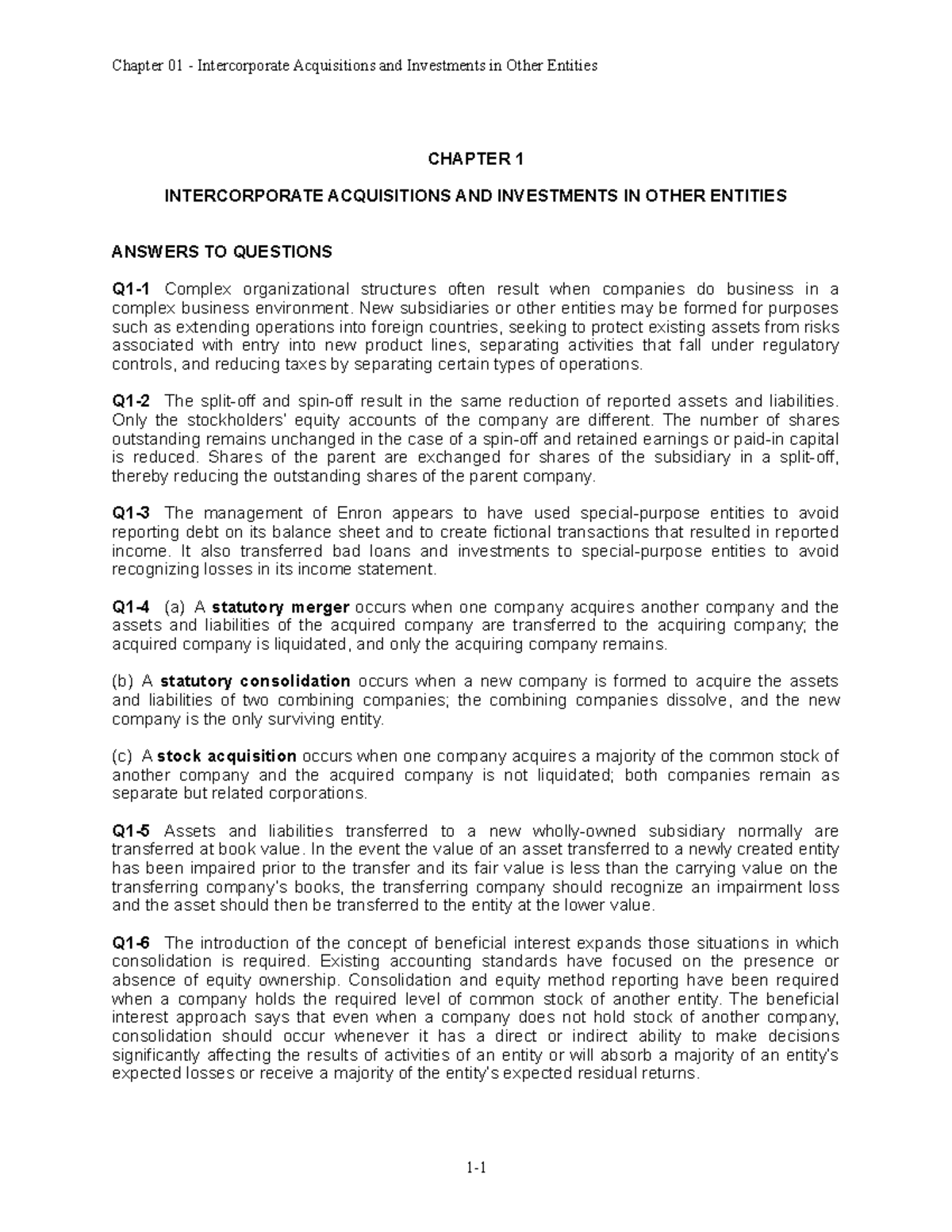 Chapter 1 - Solution Manual - CHAPTER 1 INTERCORPORATE ACQUISITIONS AND ...