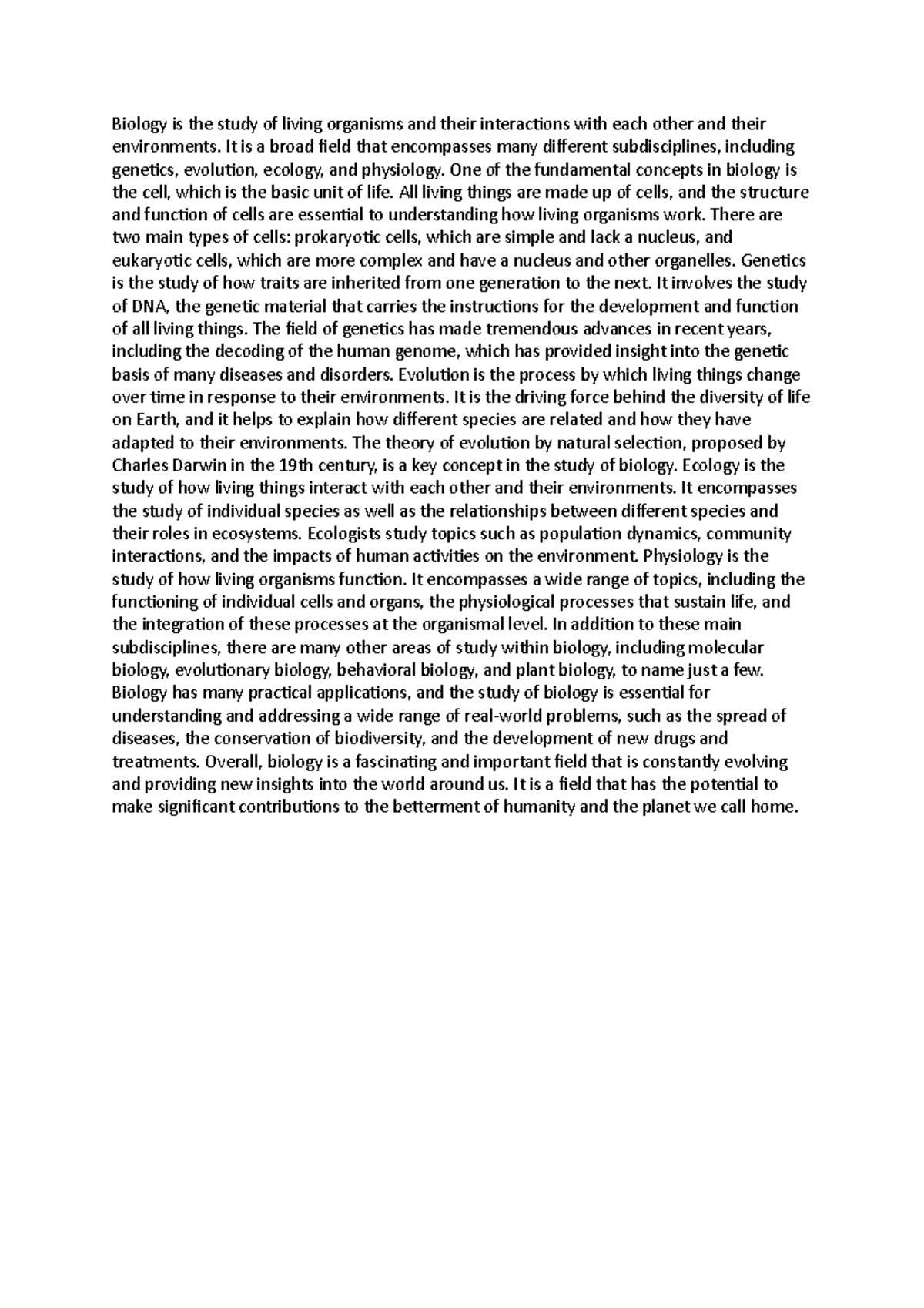 Biology - Summary - Biology is the study of living organisms and their ...