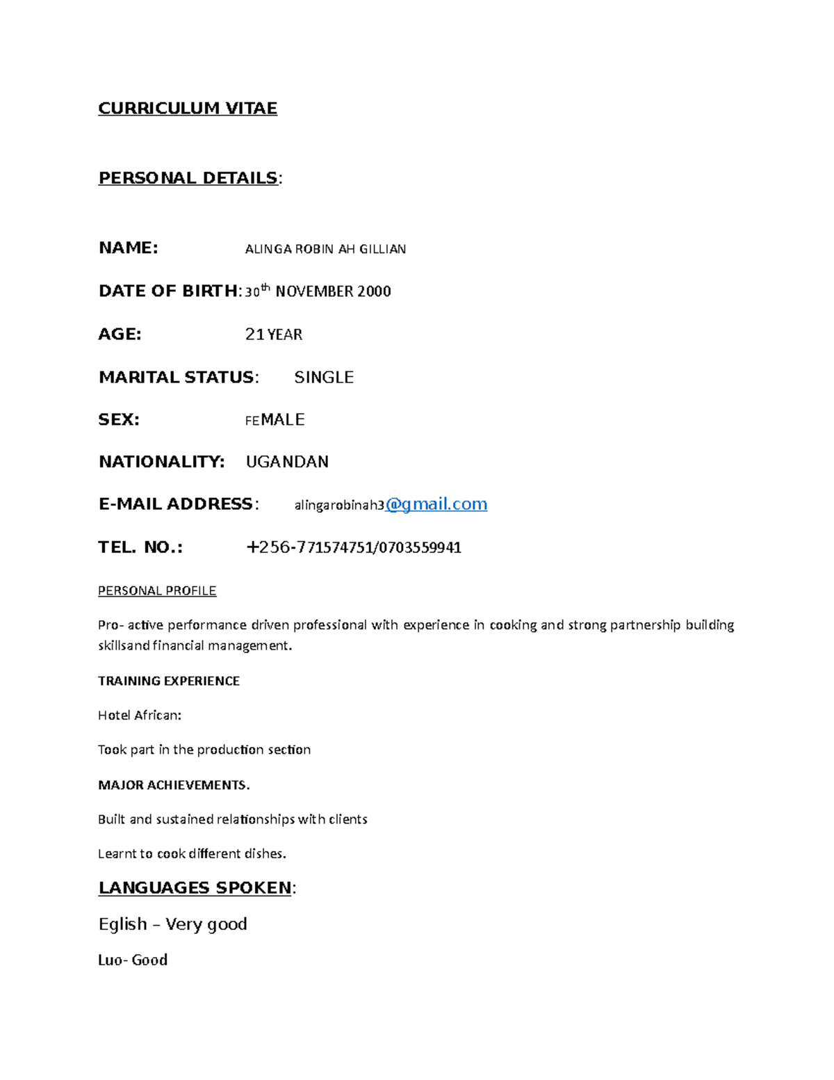 CV Robina - better - CURRICULUM VITAE PERSONAL DETAILS: NAME: ALINGA ...