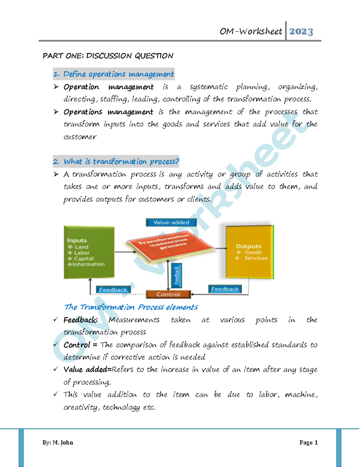 OM- Worksheet ANS - PART ONE: DISCUSSION QUESTION Define operations ...