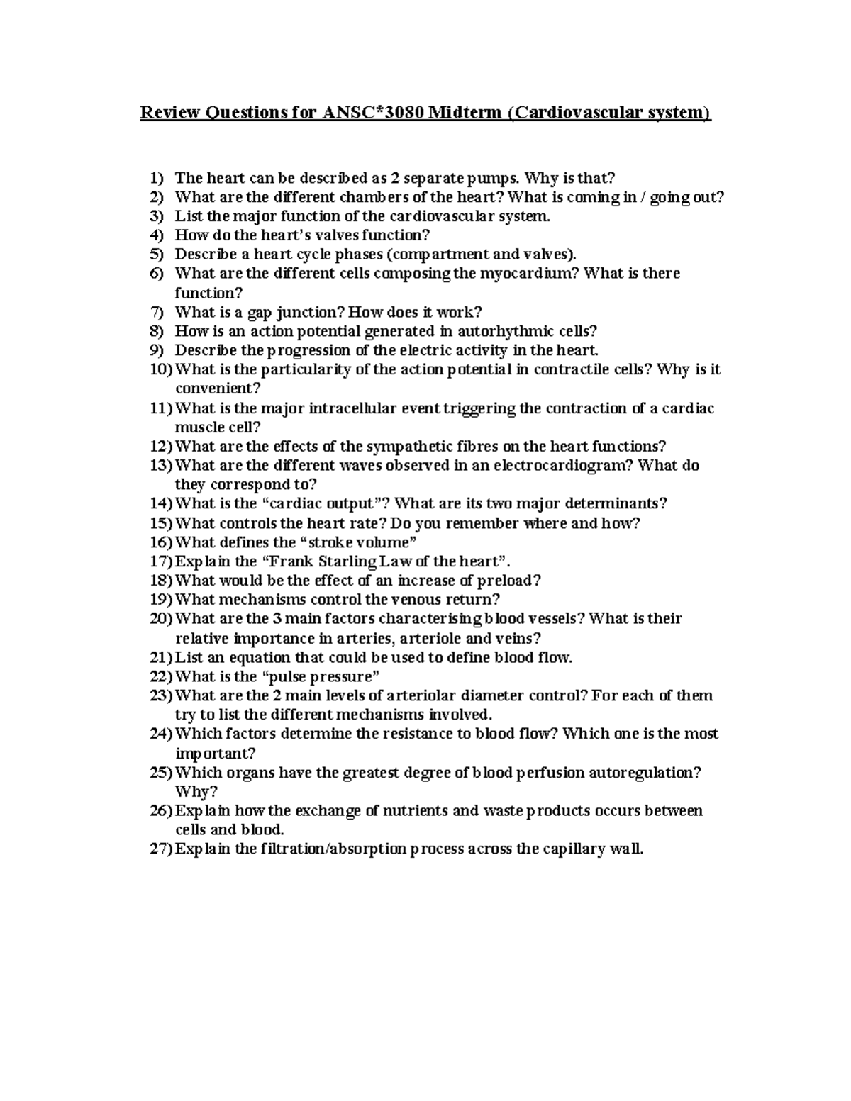 Review Questions Cardiovascular - Review Questions for ANSC*3080 ...