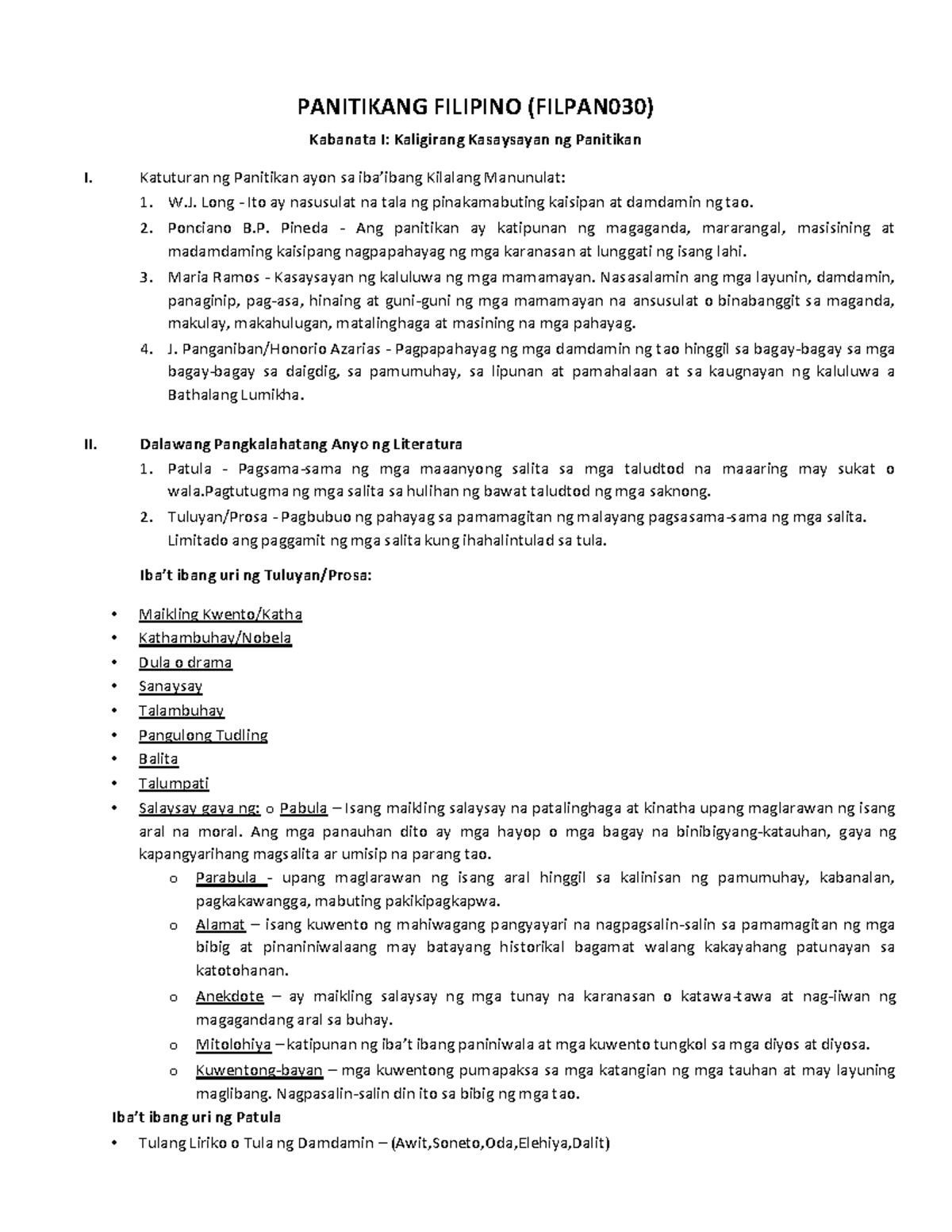 Filpan 030 Course Notes SY 21'22 - PANITIKANG FILIPINO (FILPAN030 ...
