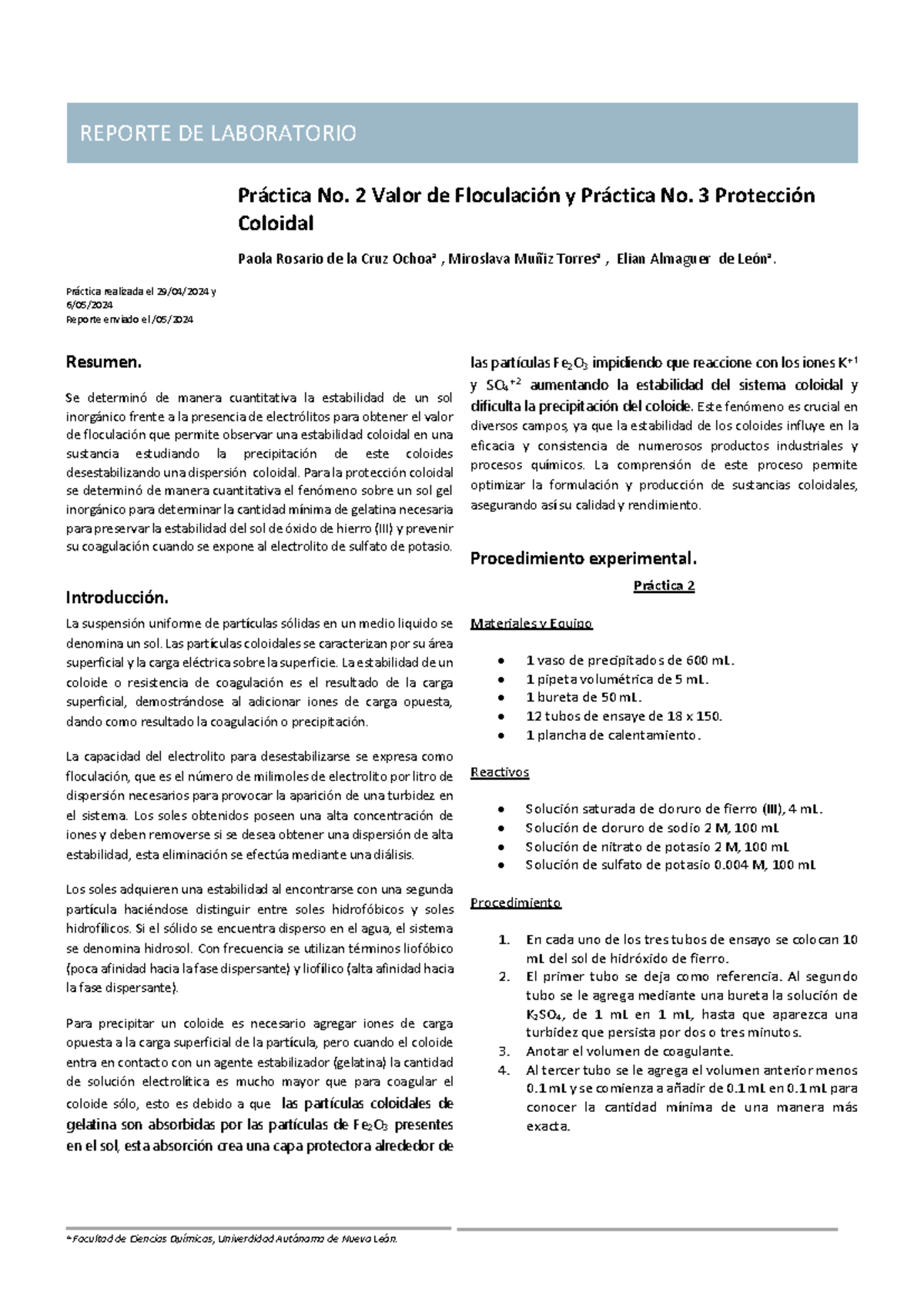 Reporte 2 QC - REPORTE DE LABORATORIO Práctica realizada el 29/04/2024 y 6/05/ Reporte enviado ...