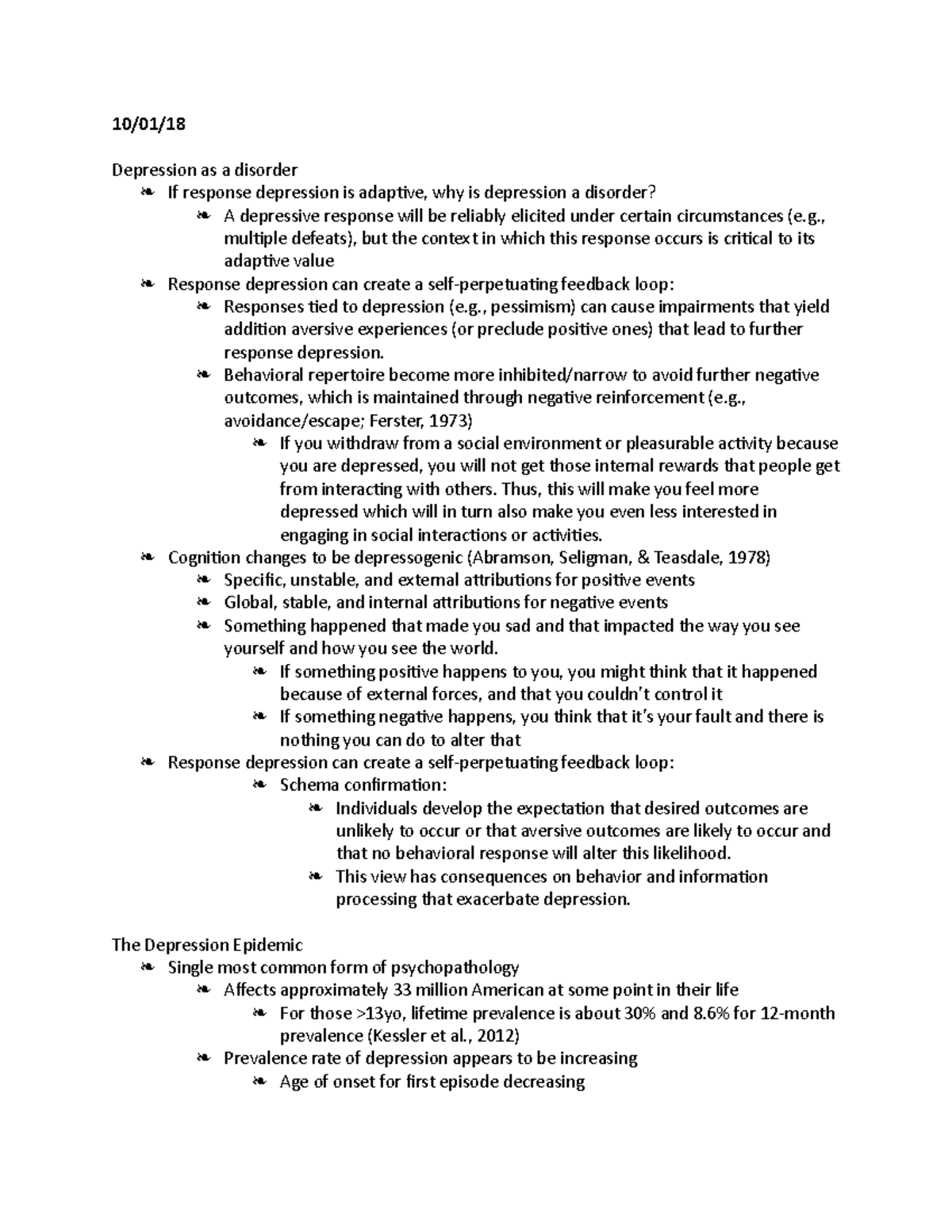 Lecture Notes 10 - Professor: Dr.Rich Mattson - 10/01/18 Depression as ...