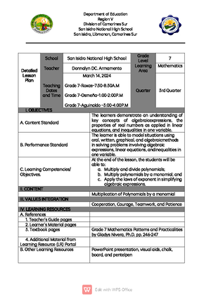 Grade 9 '' Properties OF Parallelogram'' - A Detailed Lesson Plan in ...