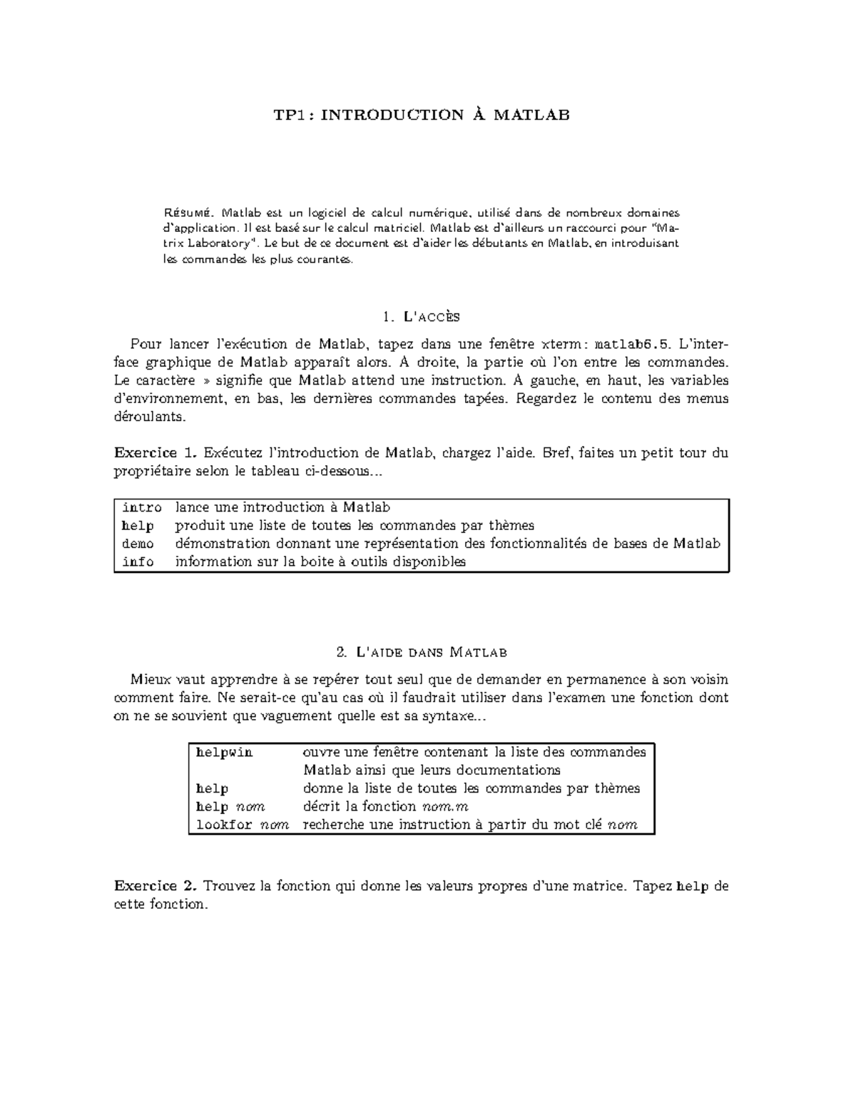 TP1 - TP sur traitement du signal - TP1 : INTRODUCTION A MATLAB` R ́esum ́e. Matlab est un ...