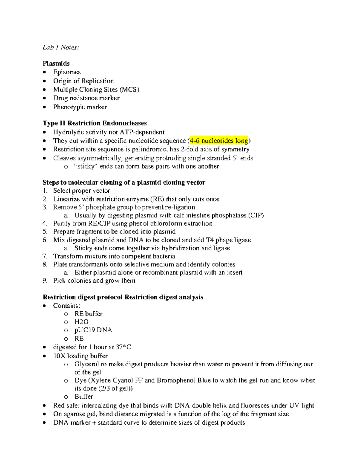 BIOC 320 Final Exam Notes - Lab 1 Notes: Plasmids Episomes Origin of ...