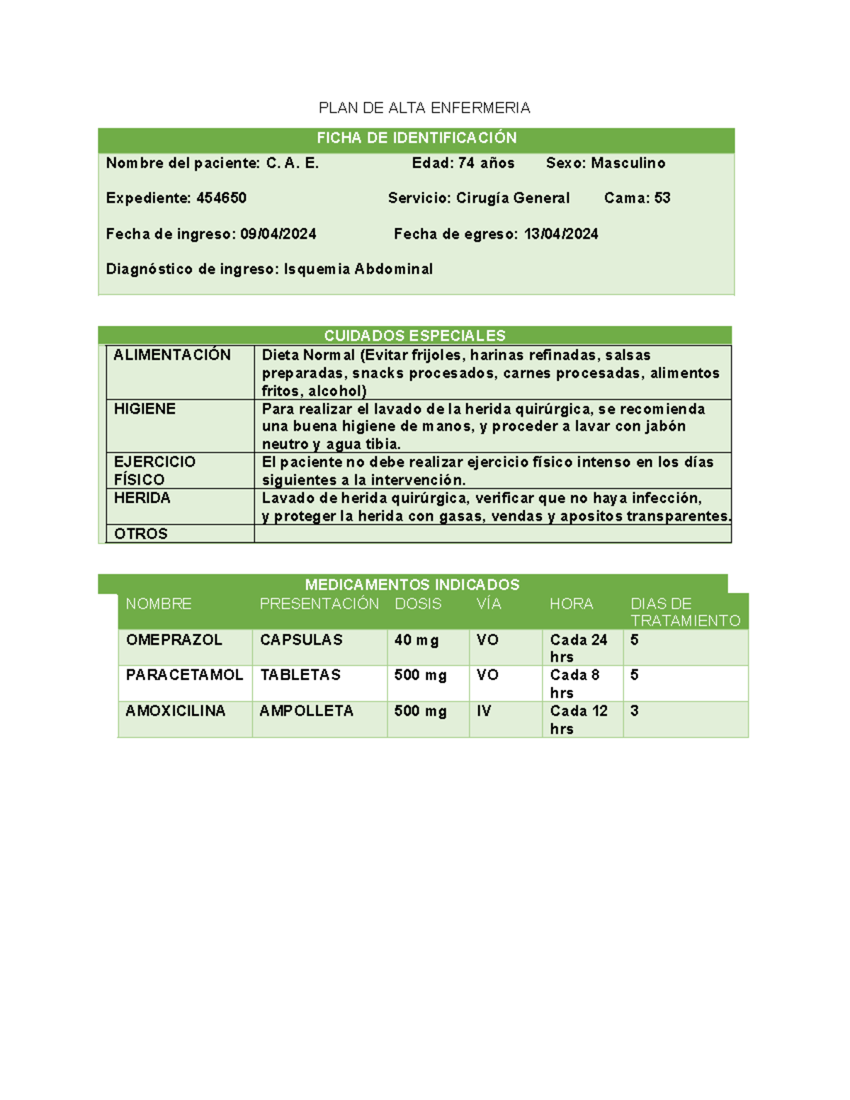 PLAN DE ALTA Isquemia - ensayo - PLAN DE ALTA ENFERMERIA FICHA DE ...