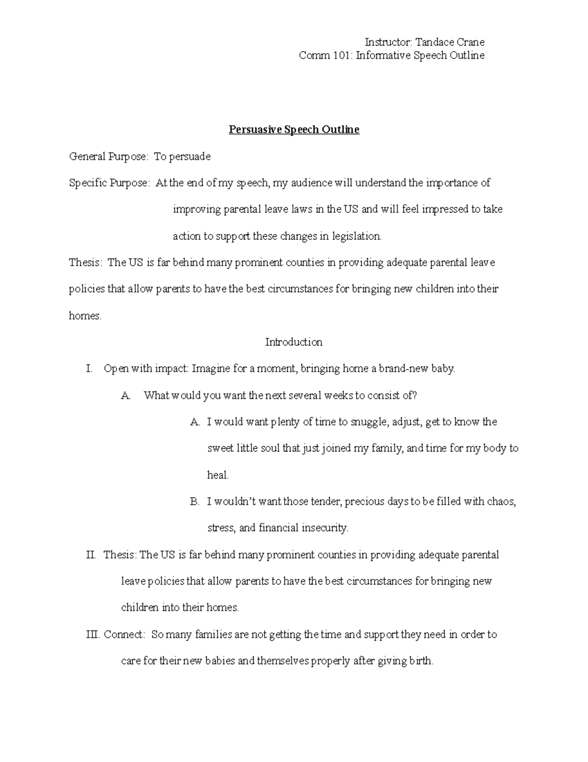Persuasive Speech Outline - Comm 101: Informative Speech Outline ...