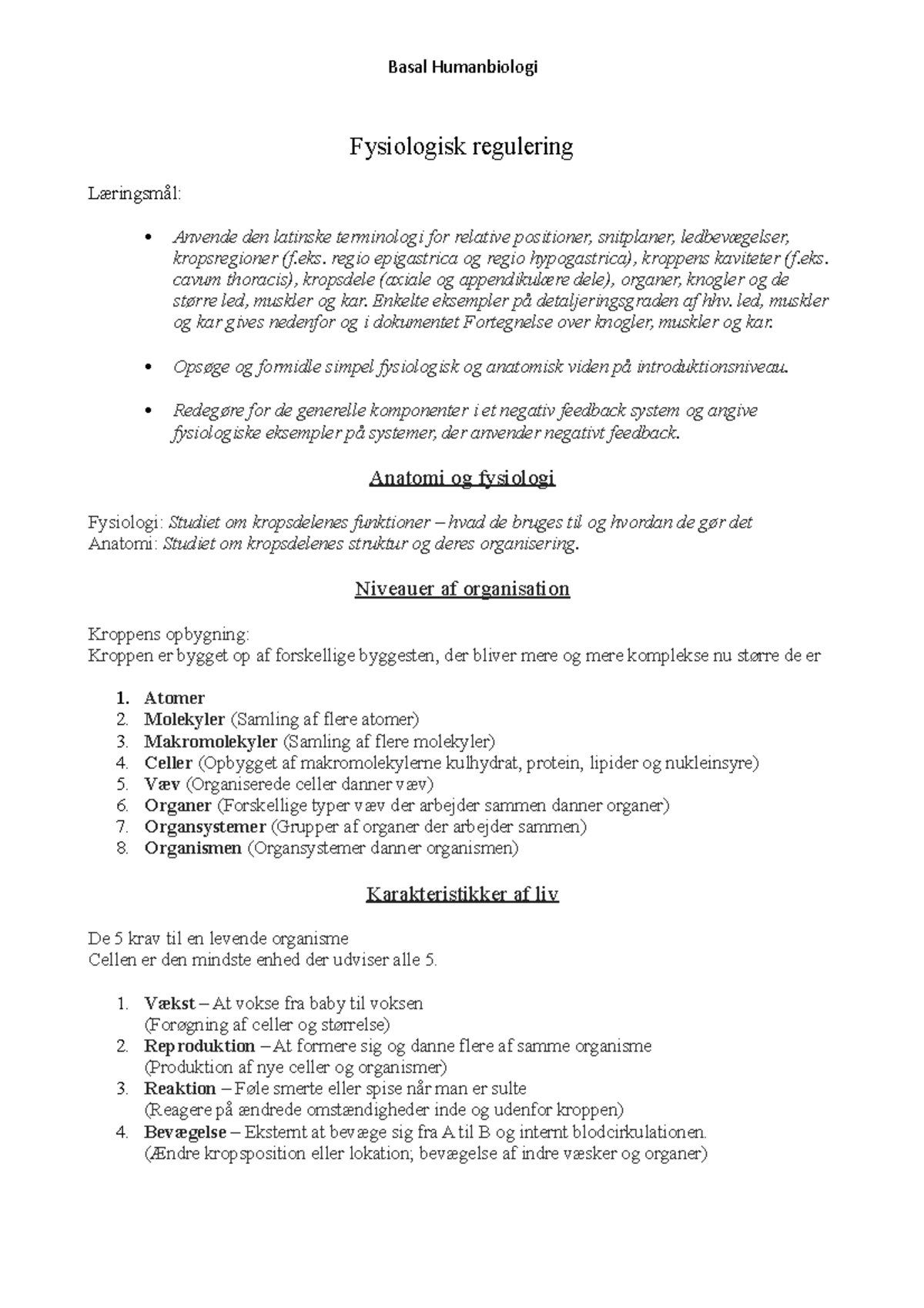 Fysiologisk Regulering - Hole Kapitel 1+2 - Fysiologisk regulering ...