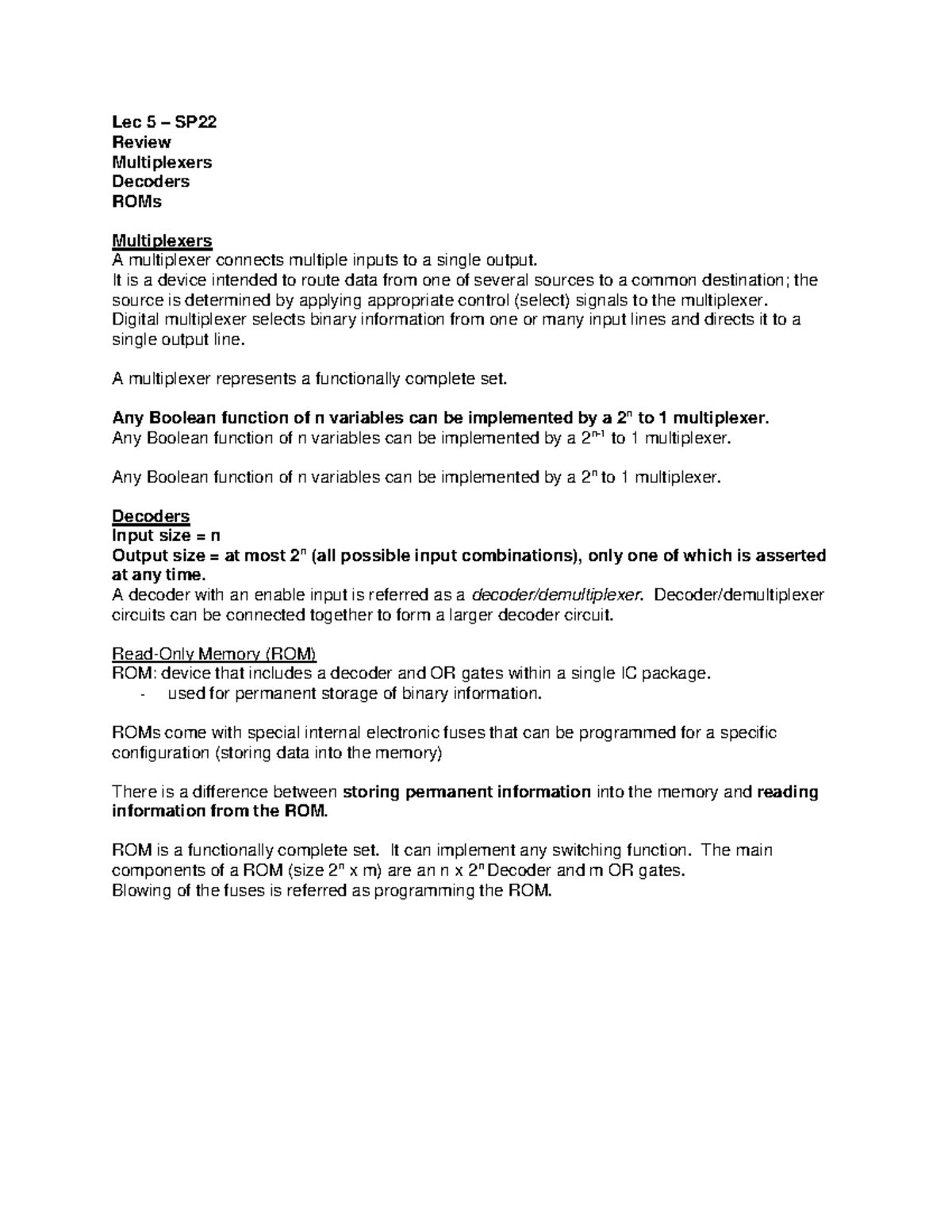 343Lec5 - Review Multiplexers Decoders ROMs - Lec 5 – SP2 2 Review ...
