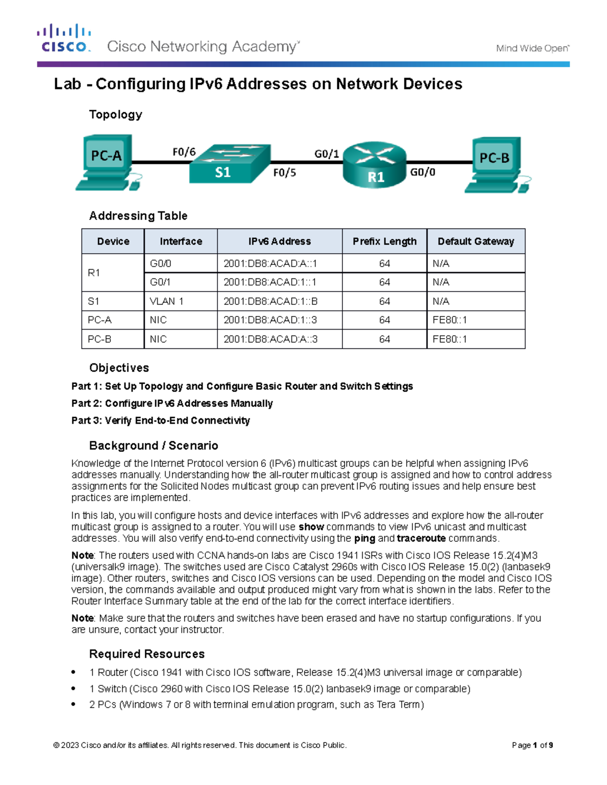 Lab6B - Class - Topology Addressing Table Device Interface IPv6 Address Prefix Length Default ...