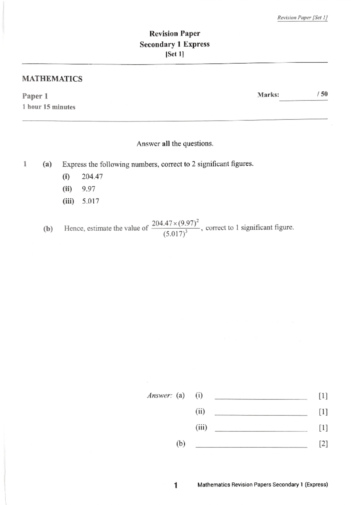 Sec 1 Maths WM set 1 Paper 1 - Revision Paper Revision Paper Secondary ...
