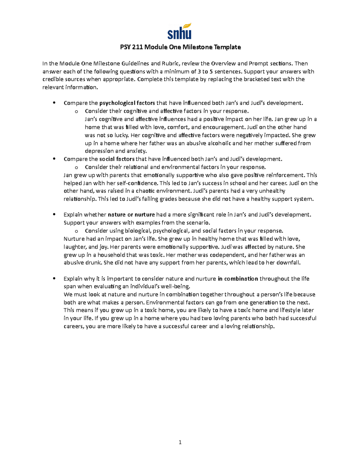 PSY 211 Module One Milestone Template - Then answer each of the ...