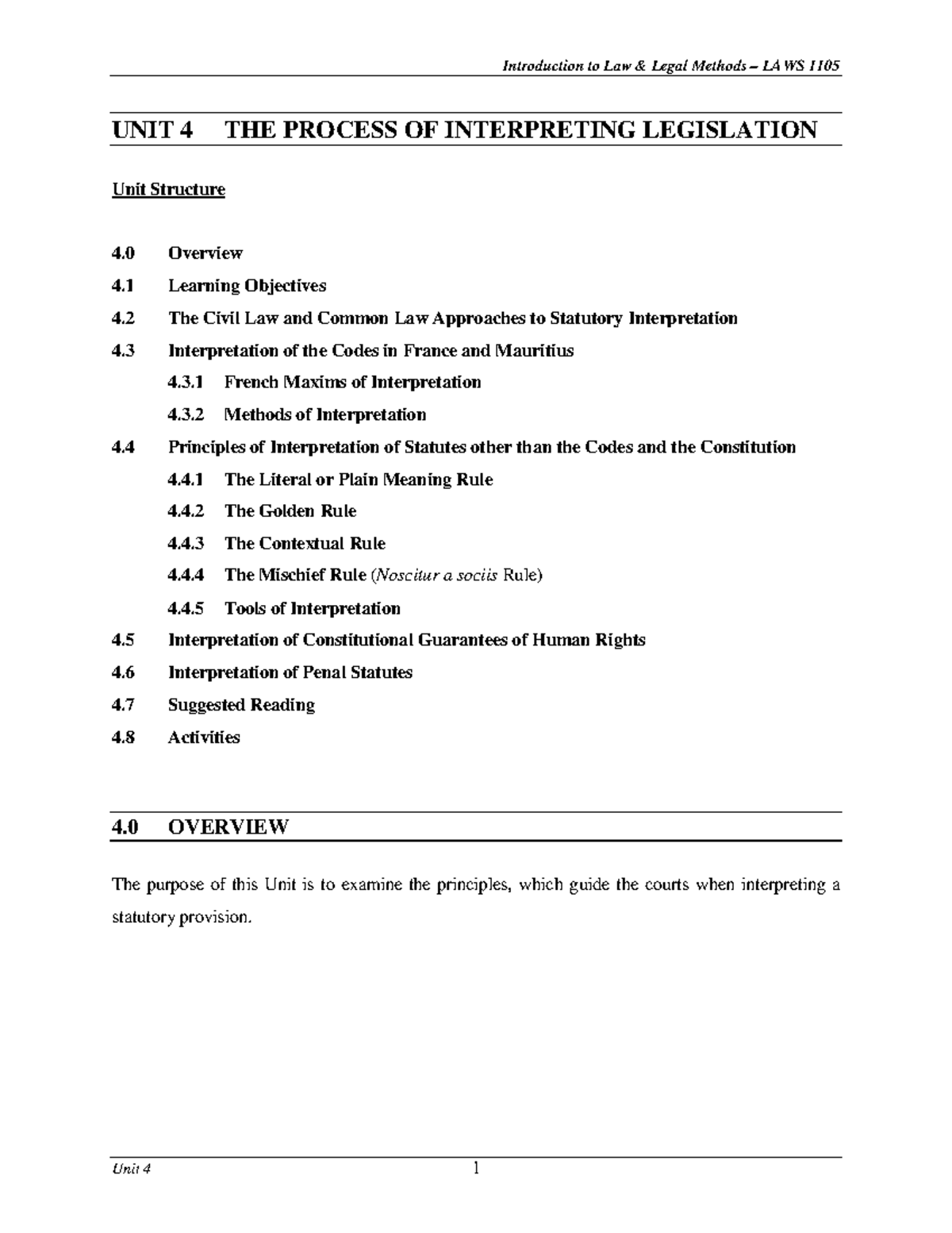 Unit 4 - UNIT 4 THE PROCESS OF INTERPRETING LEGISLATION Unit Structure 4 Overview 4 Learning ...