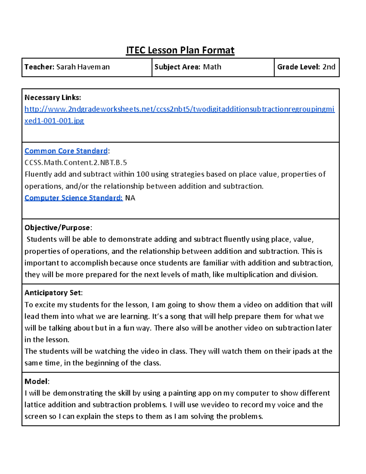402034516 math flipped lesson - ITEC Lesson Plan Format Teacher: Sarah ...