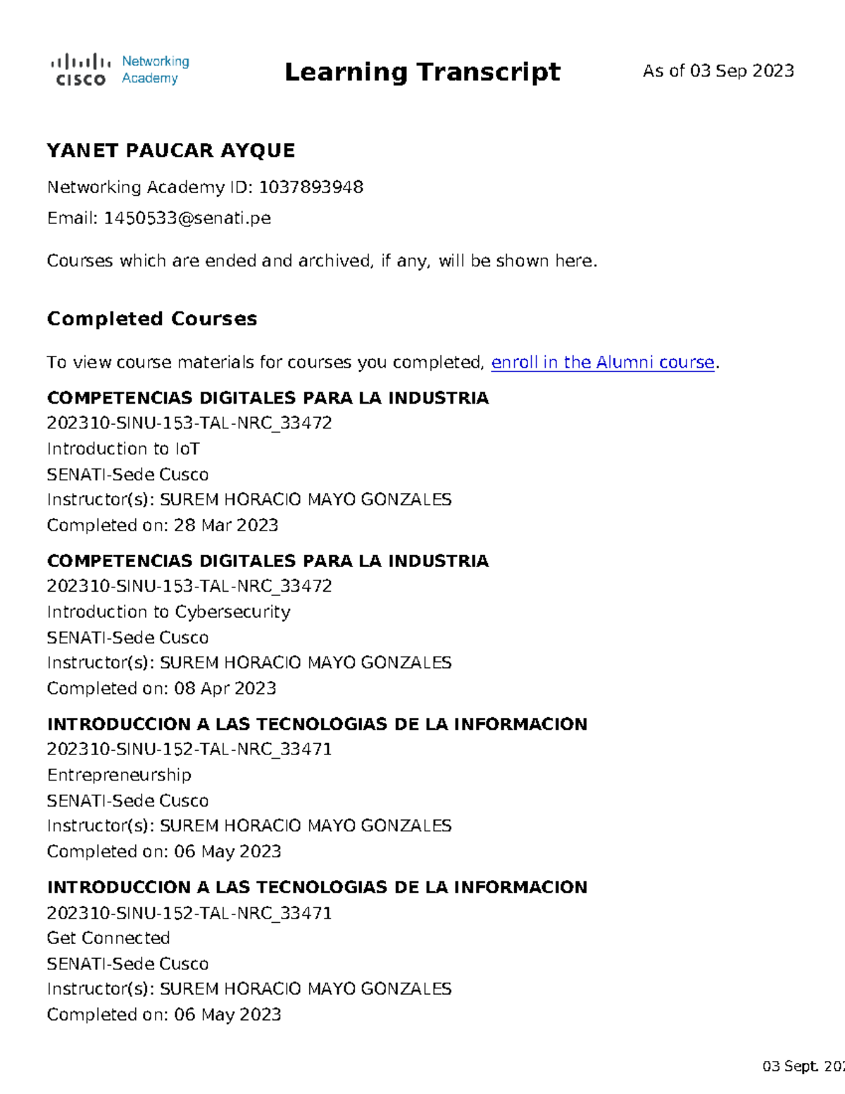 Net Acad Learning Transcript Learning Transcript As Of 03 Sep 2023 Yanet Paucar Ayque 3639