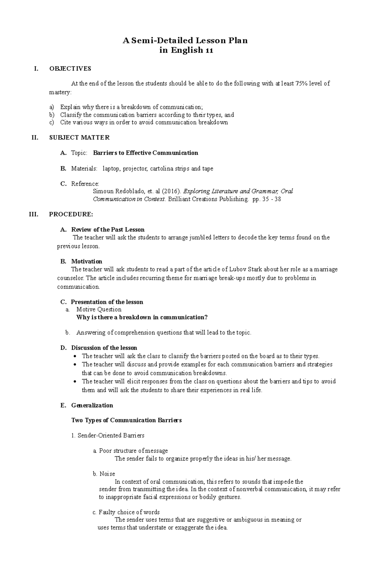 430728709 Lesson Plan on Barriers to Effective Communication - A Semi ...