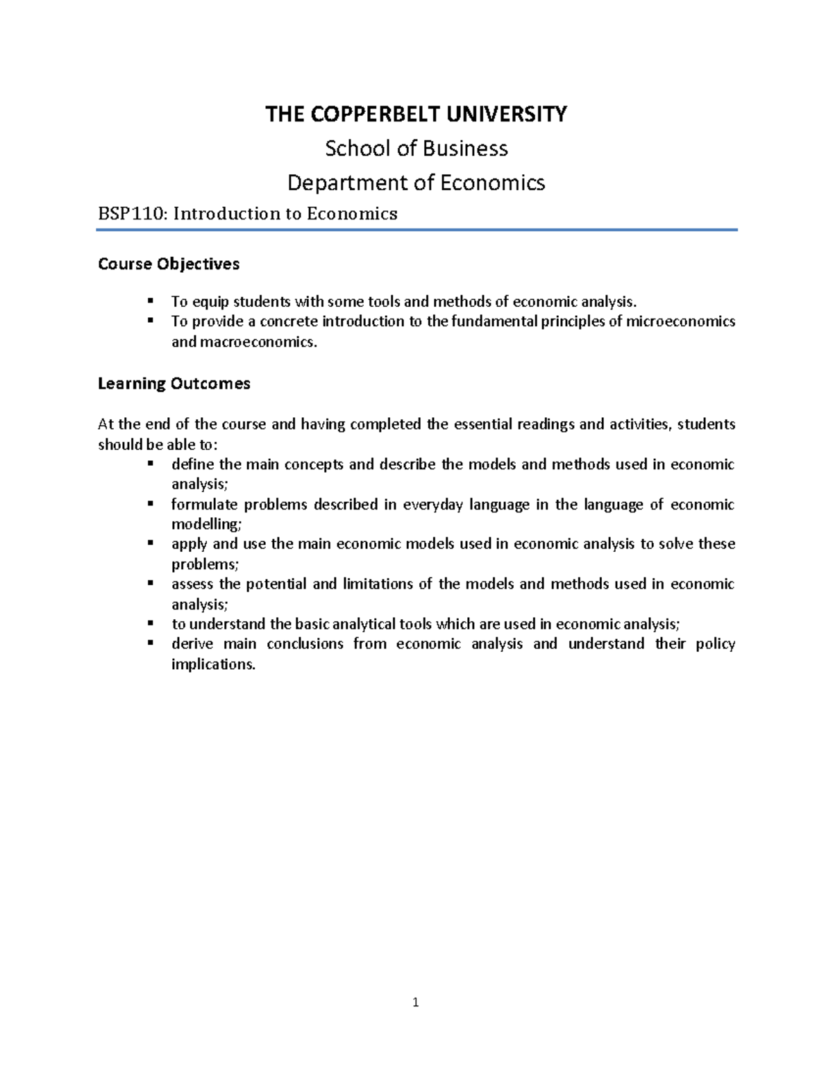110 Course Outline - THE COPPERBELT UNIVERSITY School of Business ...