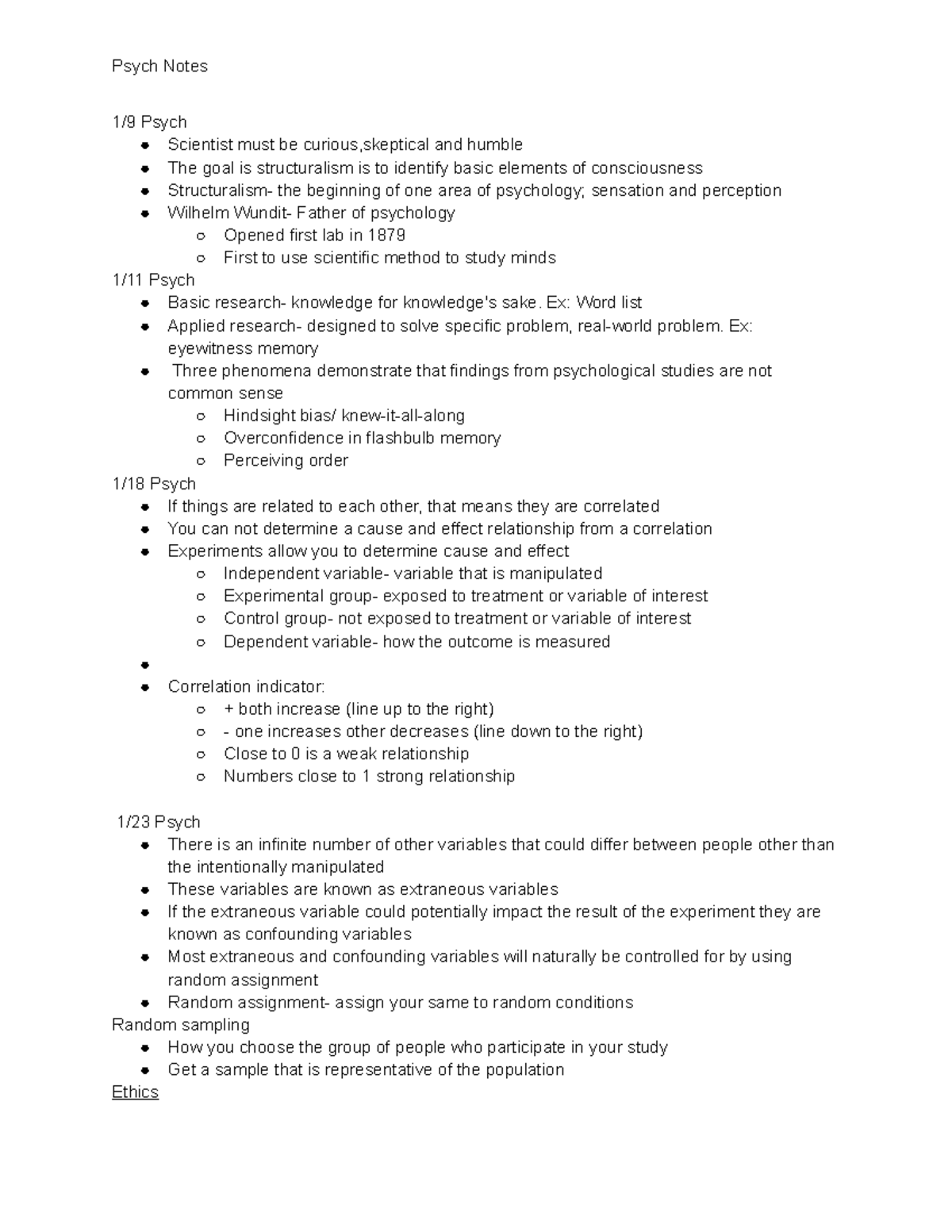 Copy of Psych Notes 1 - Psych Notes 1/9 Psych Scientist must be curious ...