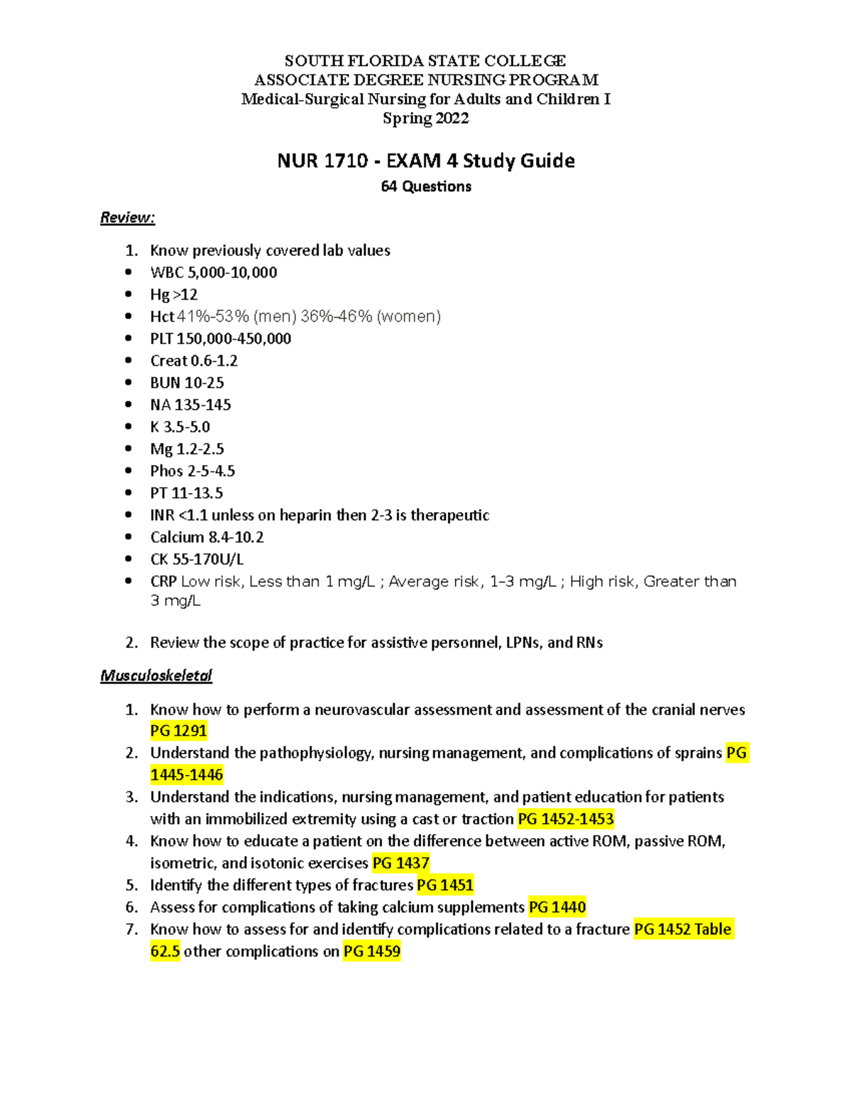 Exam 4 Study Guide - SOUTH FLORIDA STATE COLLEGE ASSOCIATE DEGREE ...