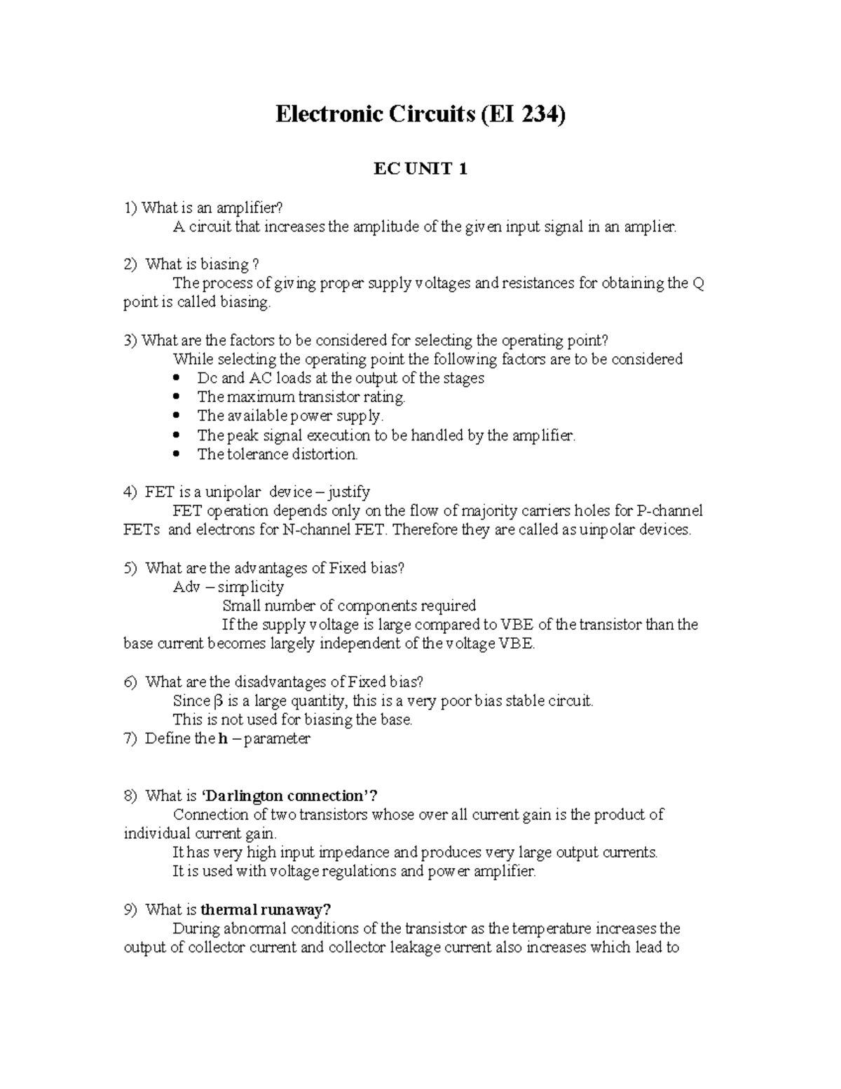 Electronic Circuits - Question Bank - Electronic Circuits (EI 234) EC ...