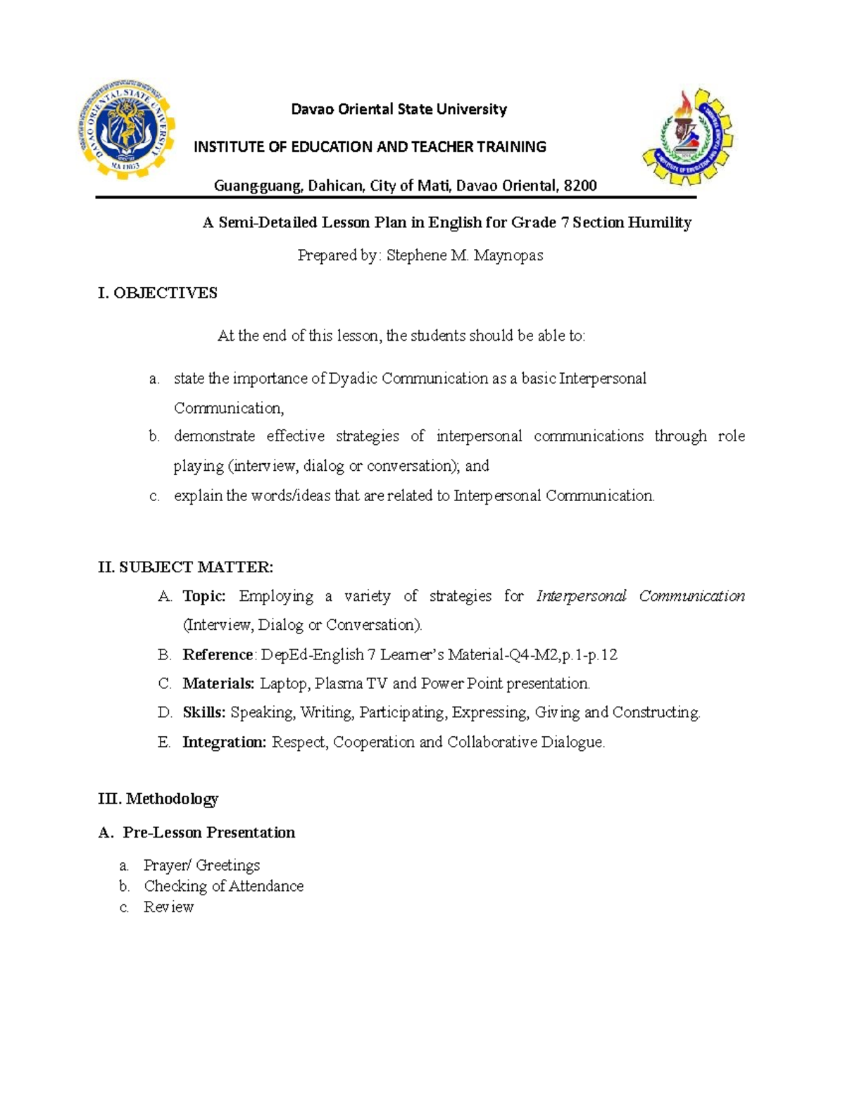 3- Lesson-PLAN - lessop plan, 2e2a - A Semi-Detailed Lesson Plan in ...