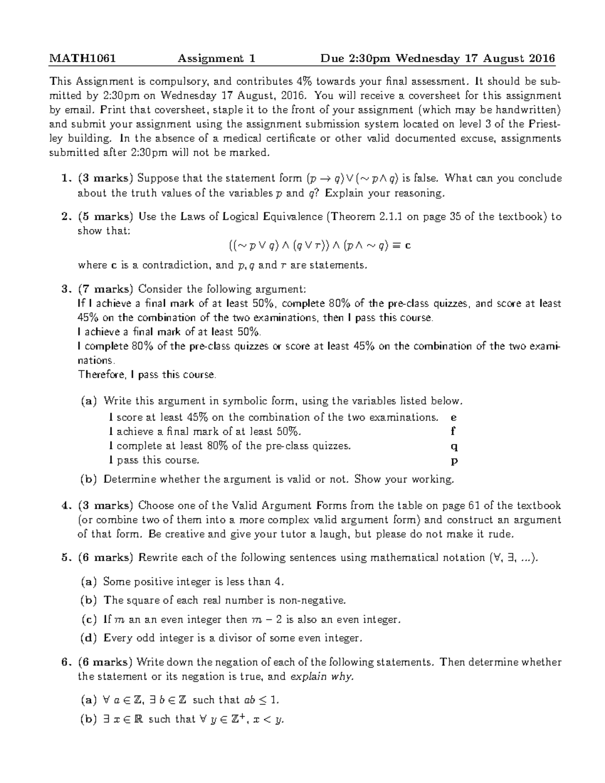 MATH1061 Assignment 1 - MATH1061 Assignment 1 Due 2:30pm Wednesday 17 ...