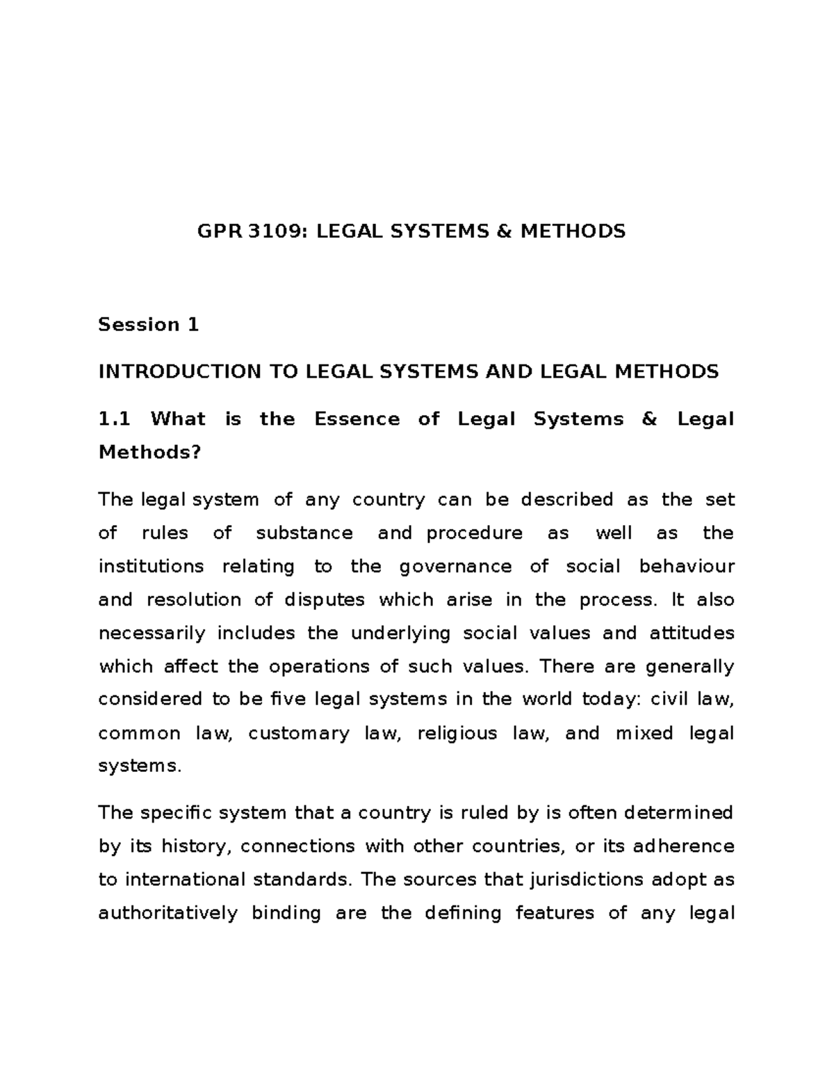Legal system lecture notes - GPR 3109: LEGAL SYSTEMS & METHODS Session ...